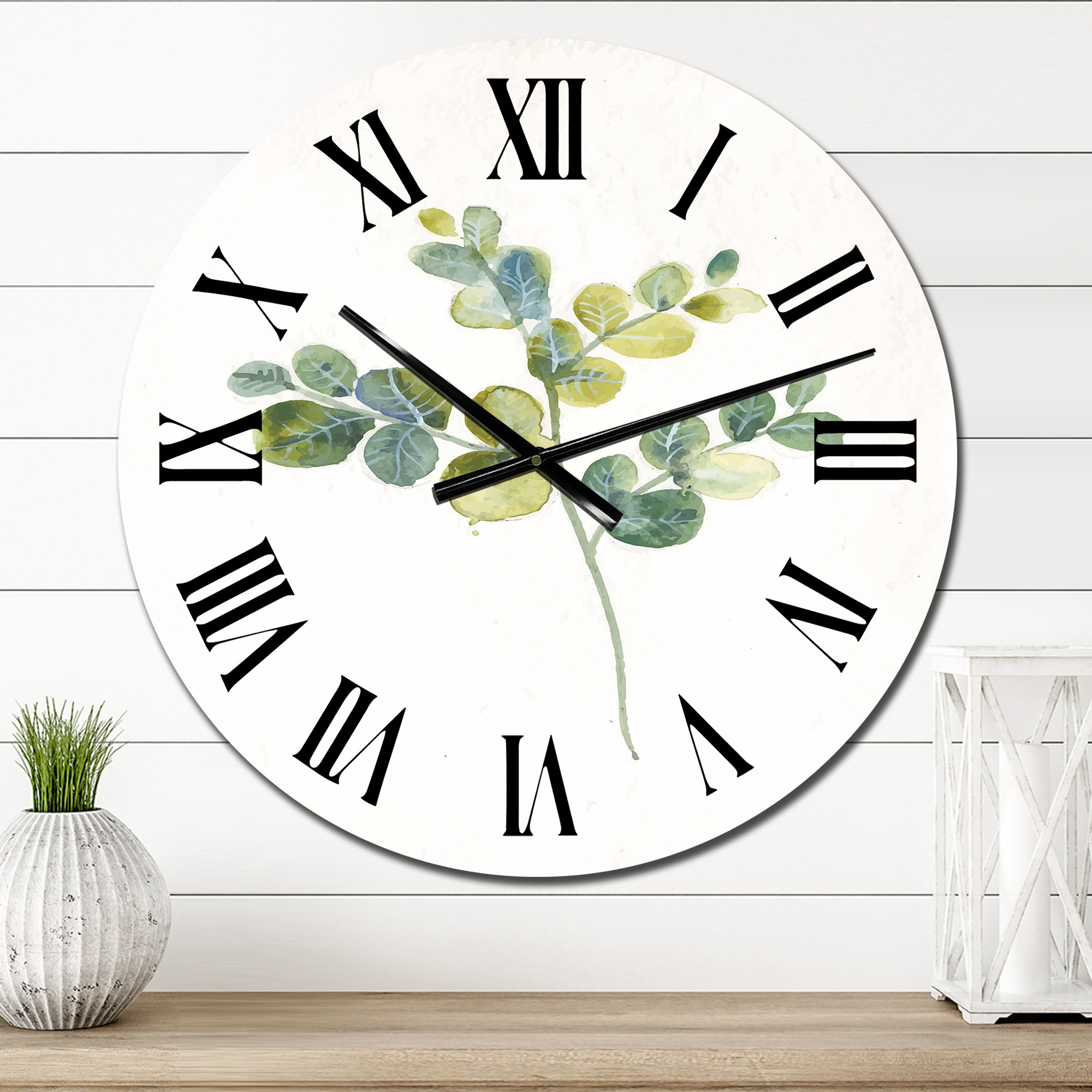 East Urban Home Eucalyptus Leaves on White II - Traditional Wall Clock ...