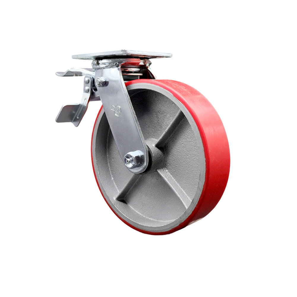Service Caster 8 Inch Red Poly on Cast Iron Caster with Roller Bearing ...