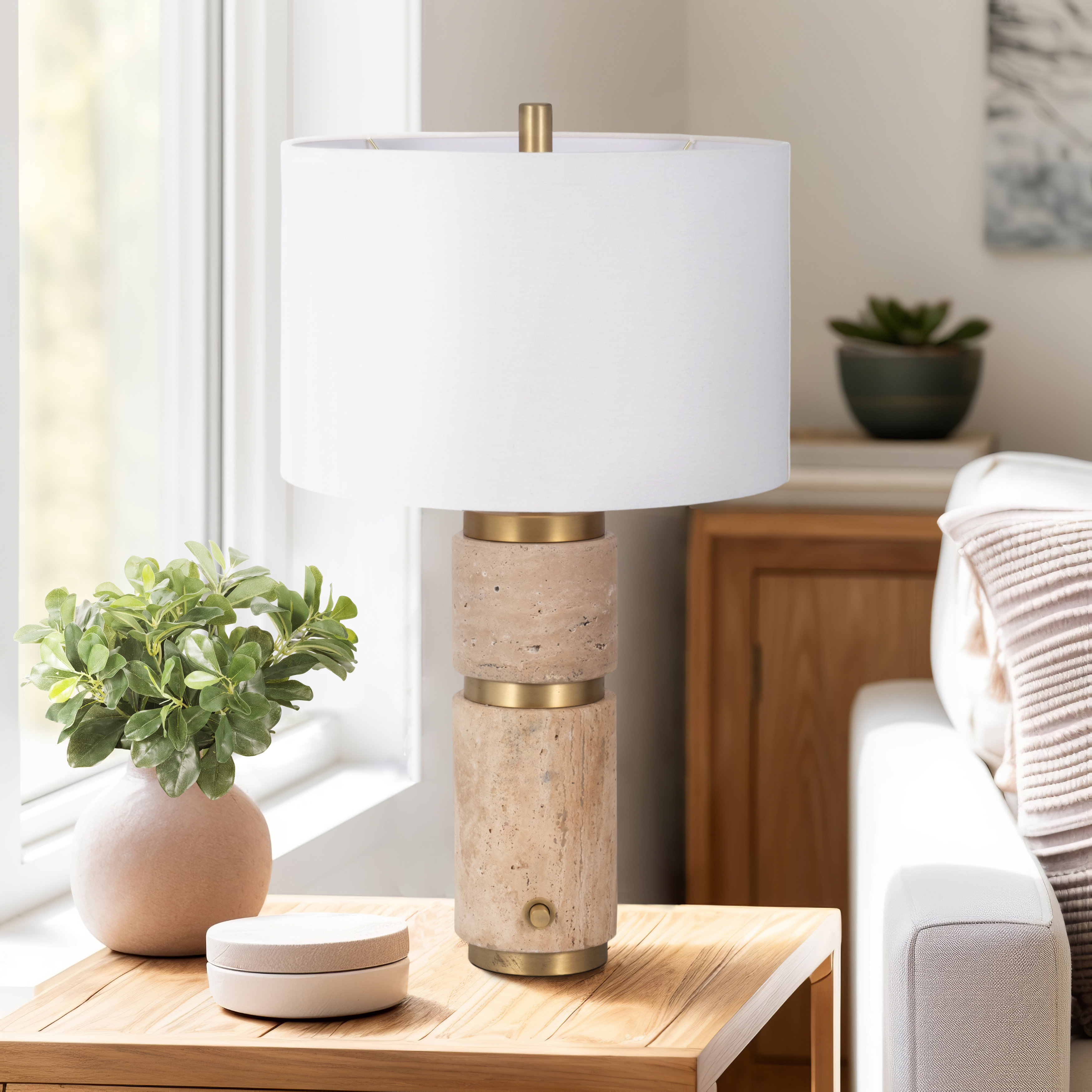 Everly Quinn 26" Knox Travertine Table Lamp, Gold/Ivory | Wayfair