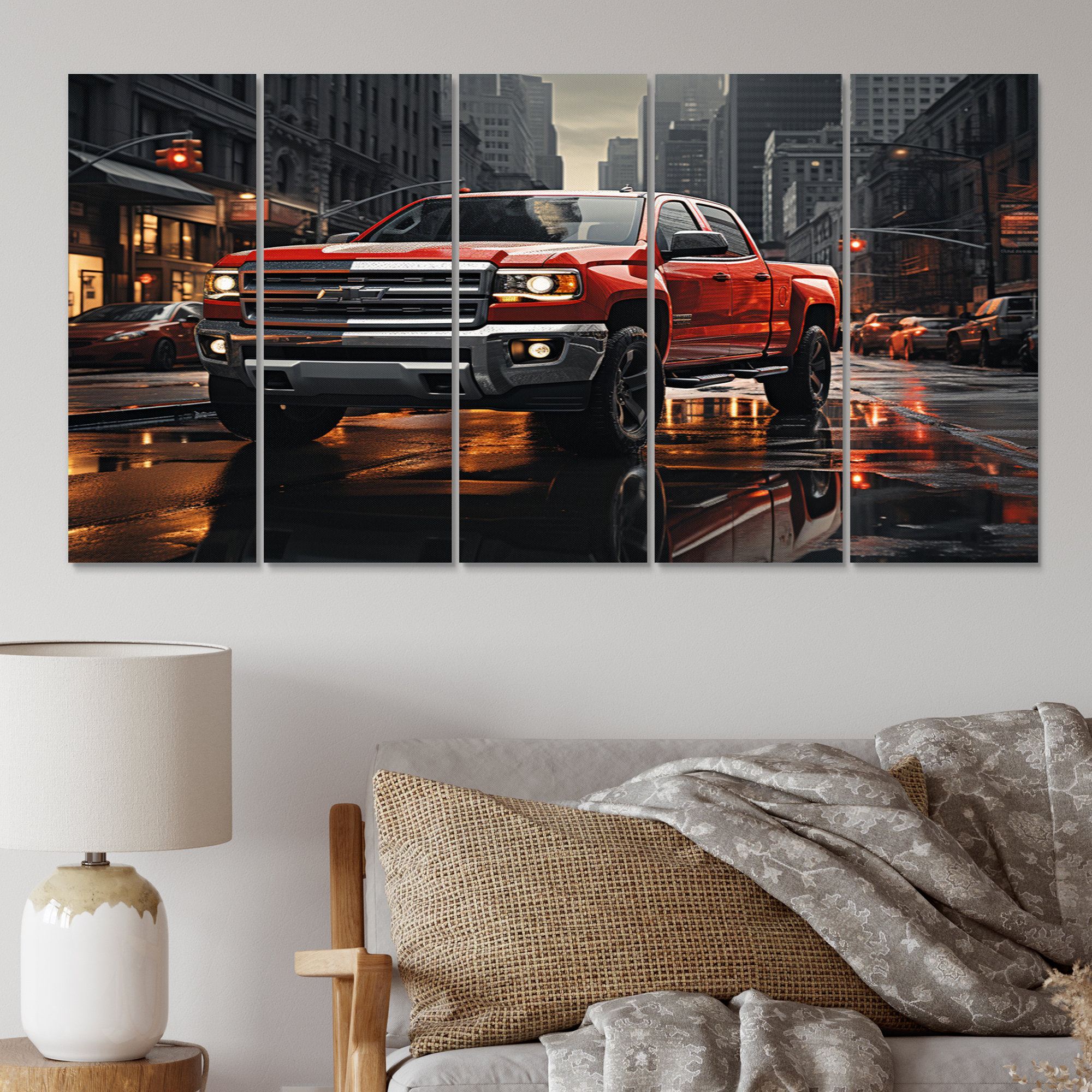 Ebern Designs Red Pickup Truck Cityscape Hauler II On Canvas 5 Pieces ...