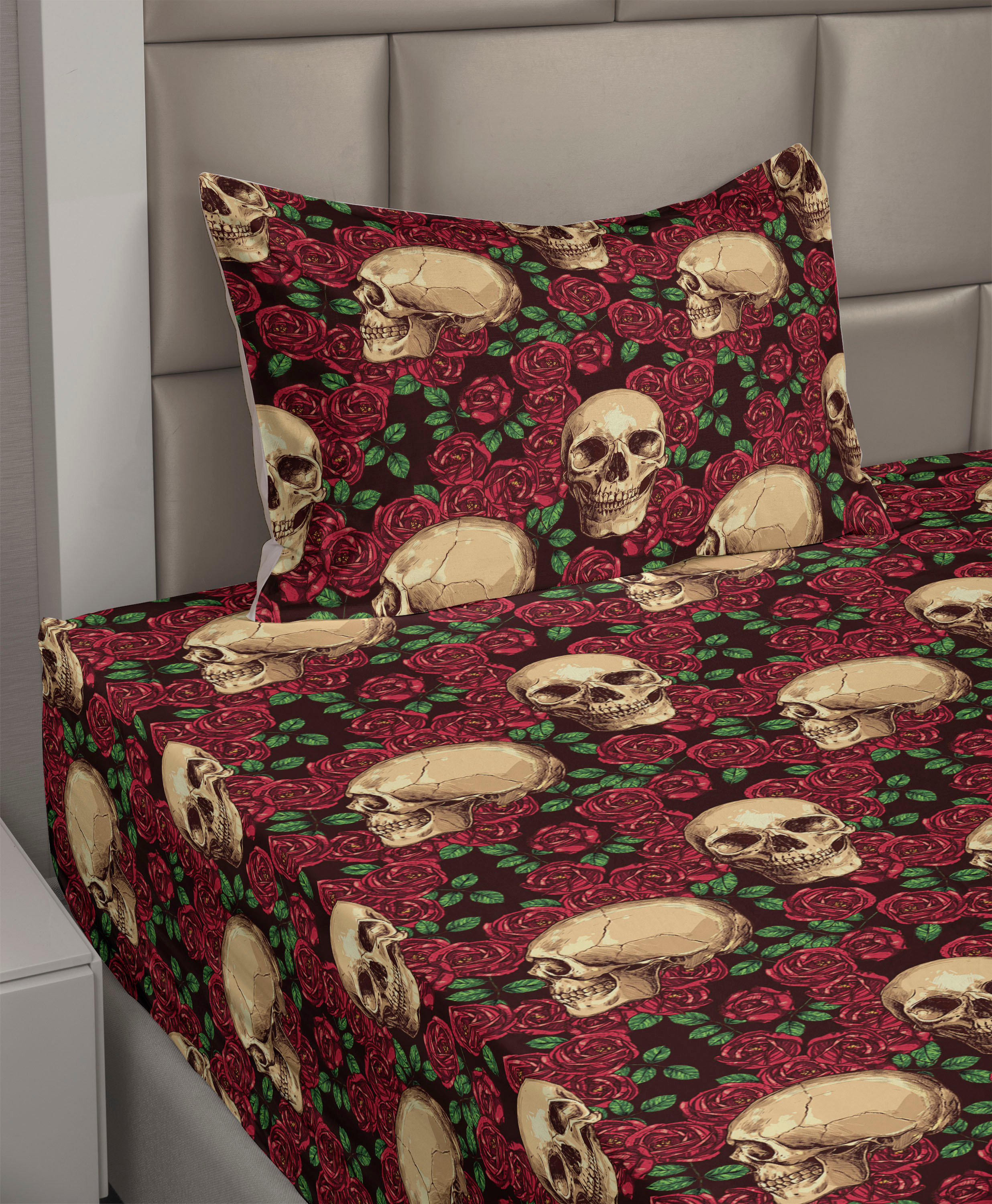 Ambesonne Skulls and Roses Sheet Set Romantic Flowers Ecru Dark Pink ...
