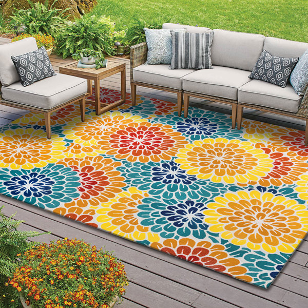DECOMALL SUNSHINE Floral Outdoor Area Rug Yellow/Red/Blue | Wayfair