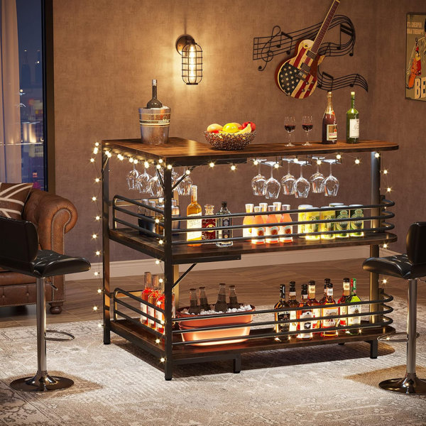 17 Stories Cocheco 3 Tier Industrial Home Bar Unit L-Shaped Liquor Bar ...