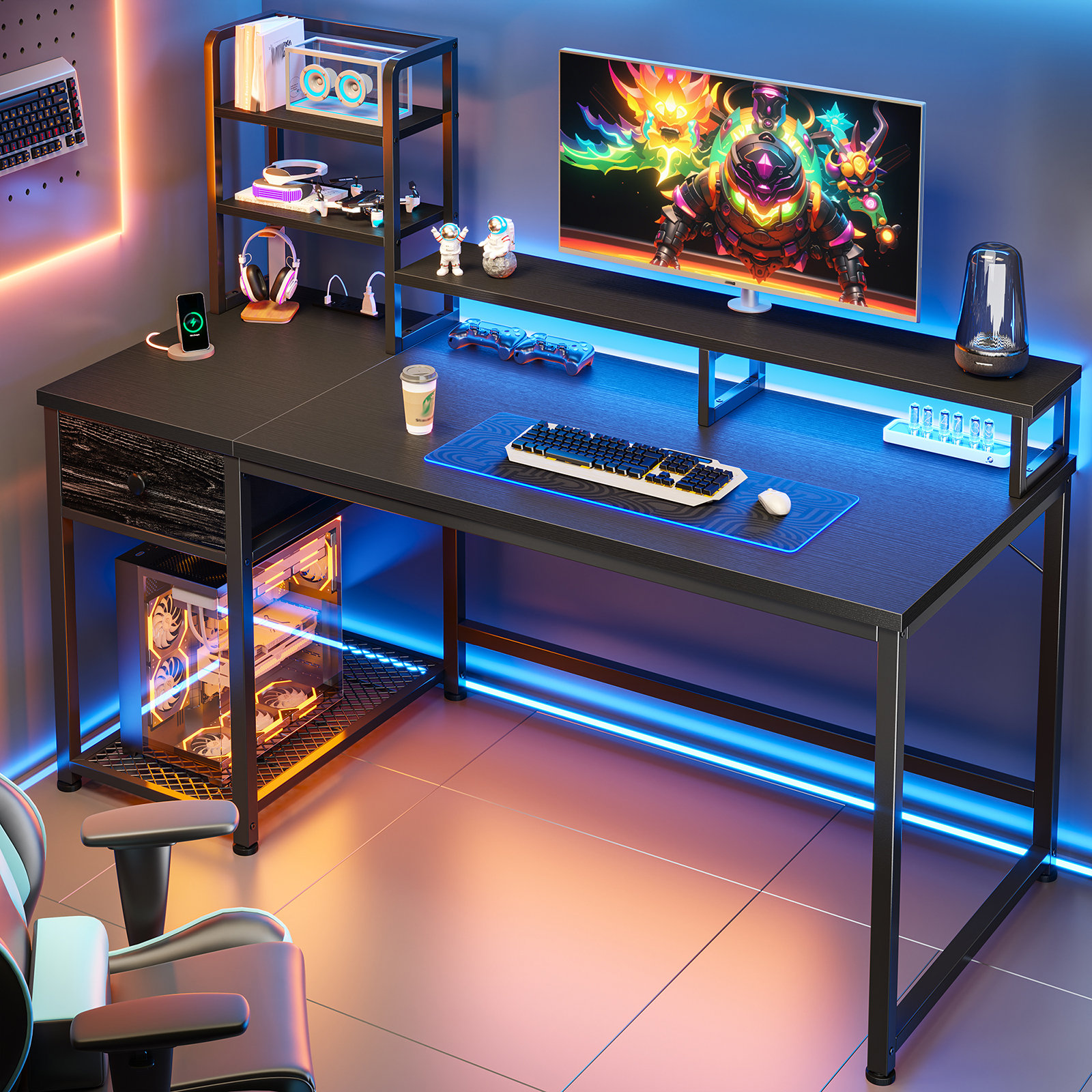 Wrought Studio™ Computer Desk With Led Lights And Power Outlets, Gaming ...