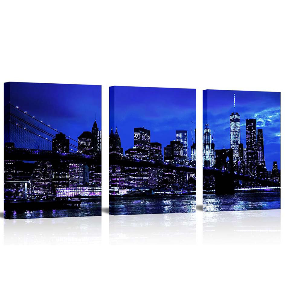 Ivy Bronx Wall Art Canvas Black And White Blue Brooklyn Bridge Night ...