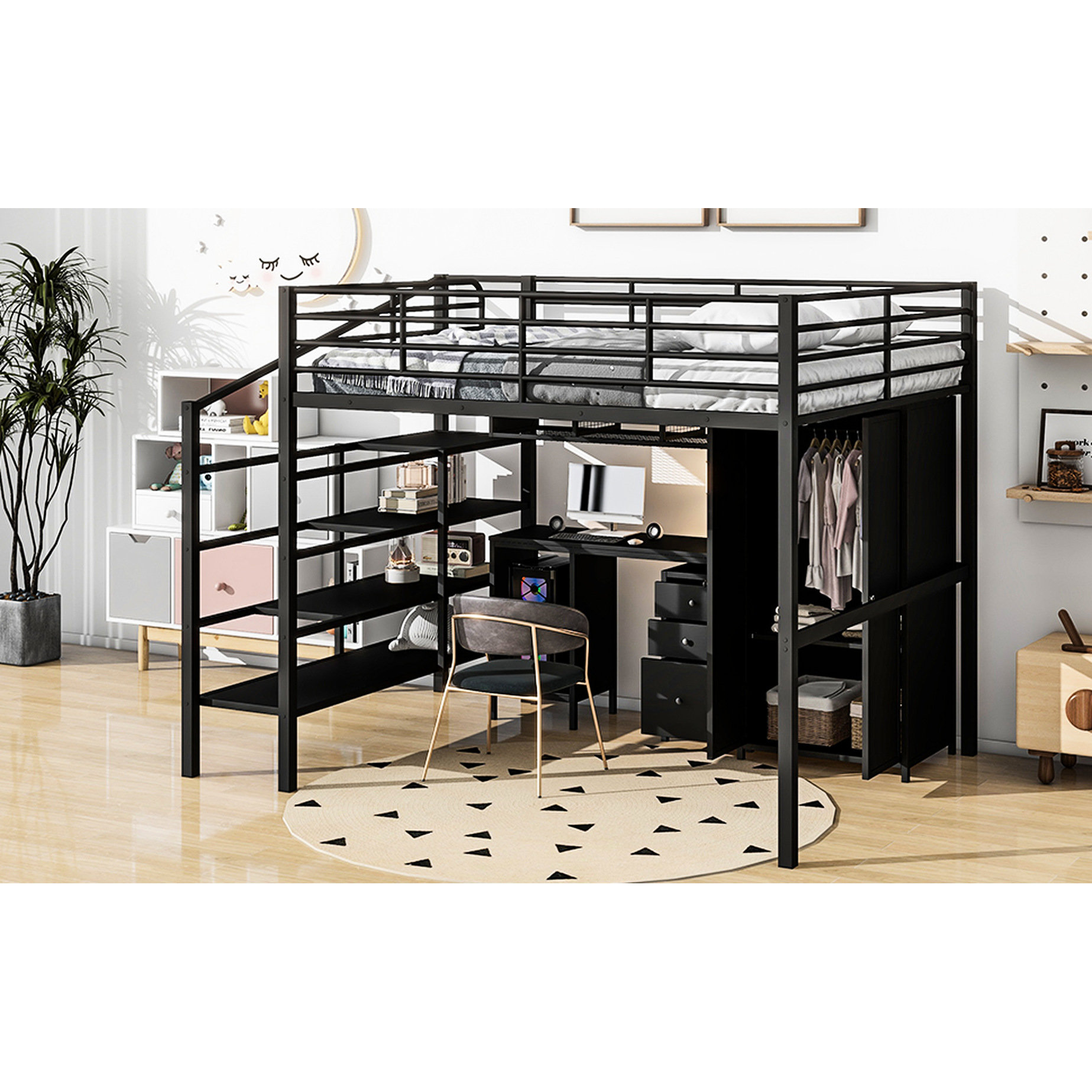 Brayden Studio® Metal Loft Bed With Table & Wardrobe, Full, Black ...