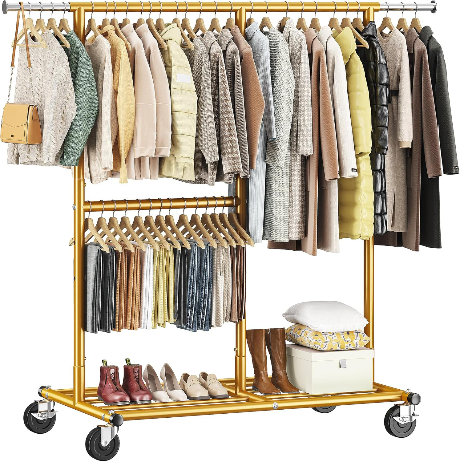Everly Quinn Gold Clothing Rack Heavy Duty Clothes Rack with Wheels ...