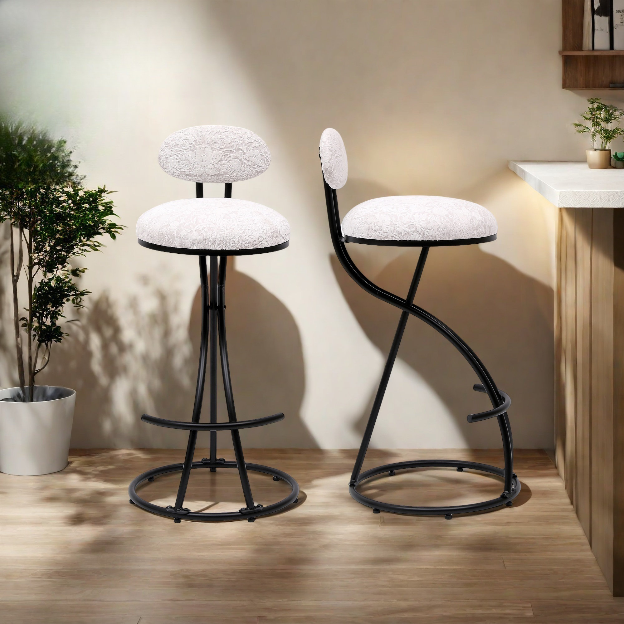 Ivy Bronx Round Bar Stools Set Of 2 With Floral Print Upholstered Seat ...