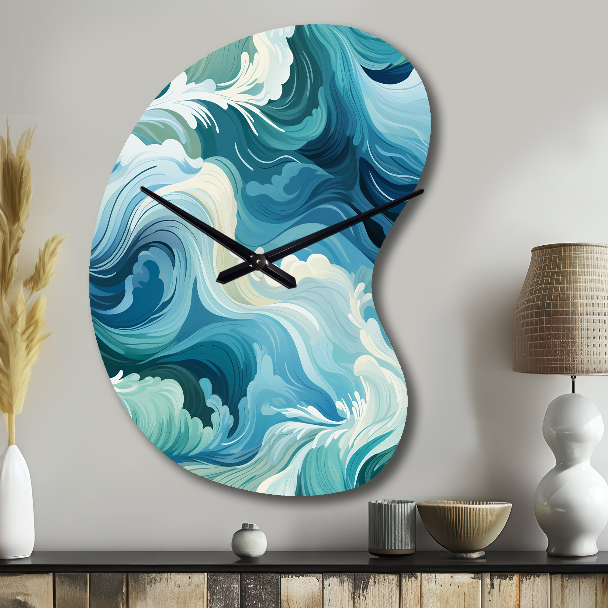 Design Art Ocean Spray - Coastal Asymmetrical Metal Wall Clock, Blue ...