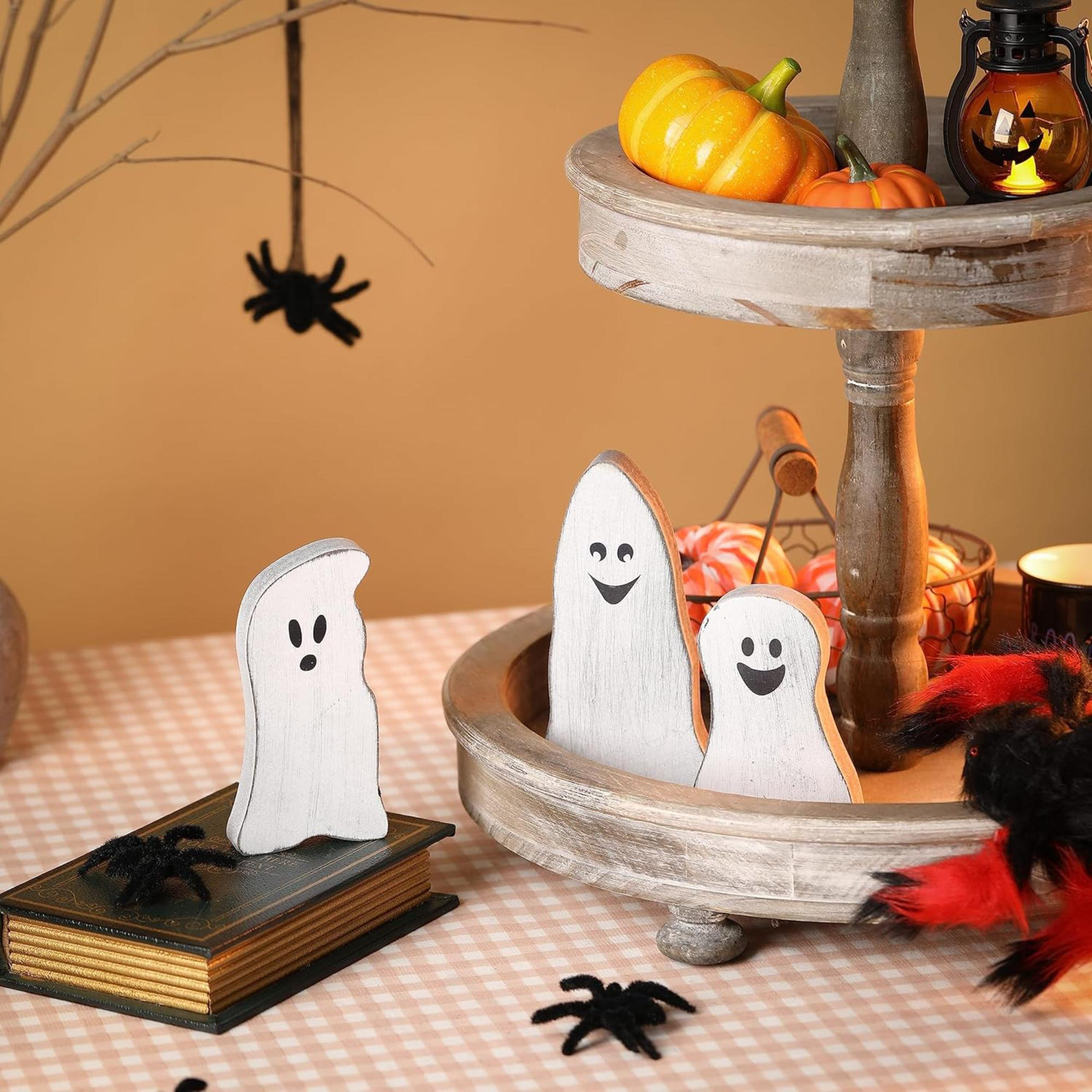 The Holiday Aisle® Halloween Tiered Tray Decor Set Of 3, Wooden Ghosts ...
