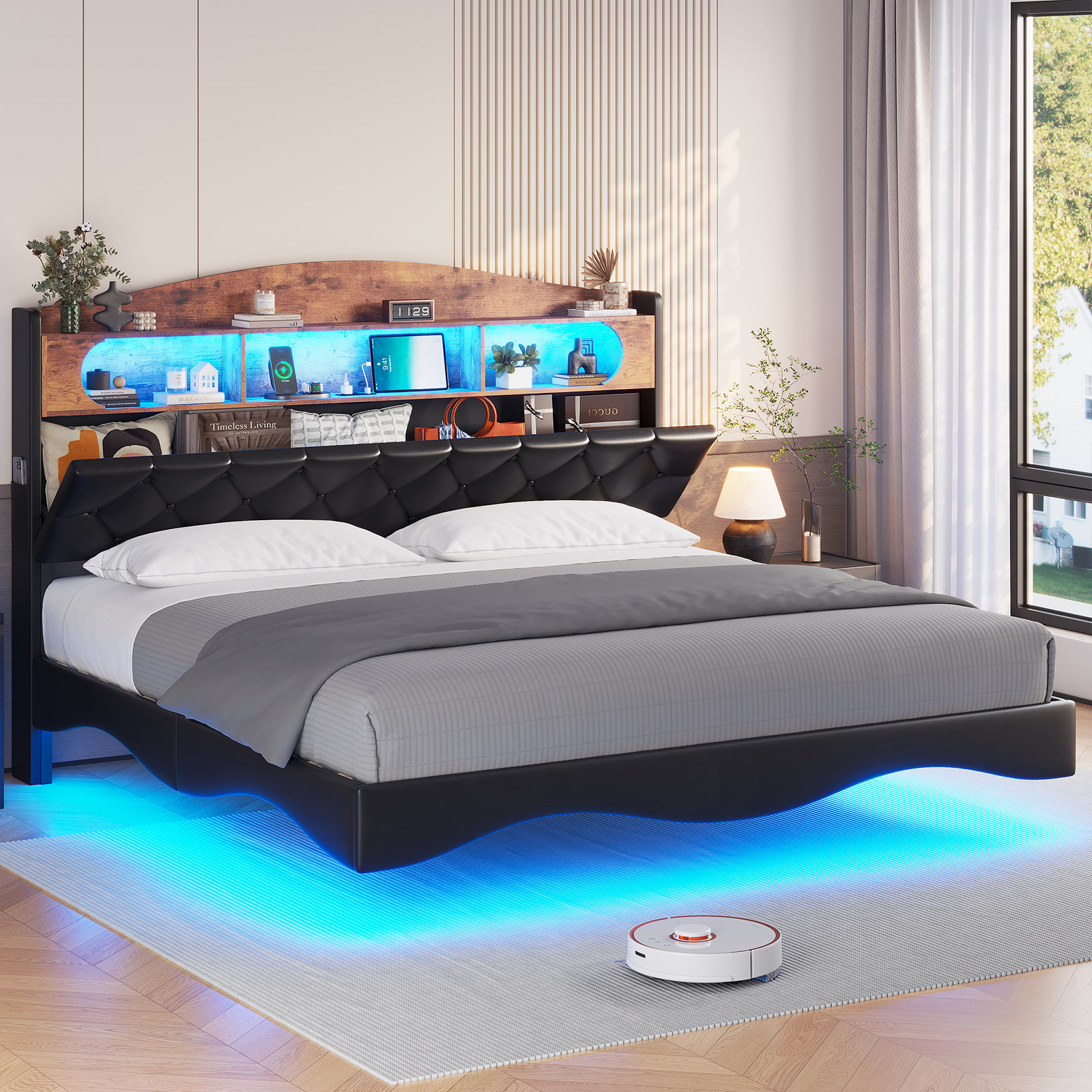 Ivy Bronx Stylish Modern Wavy Design Floating Bed Frame | Wayfair