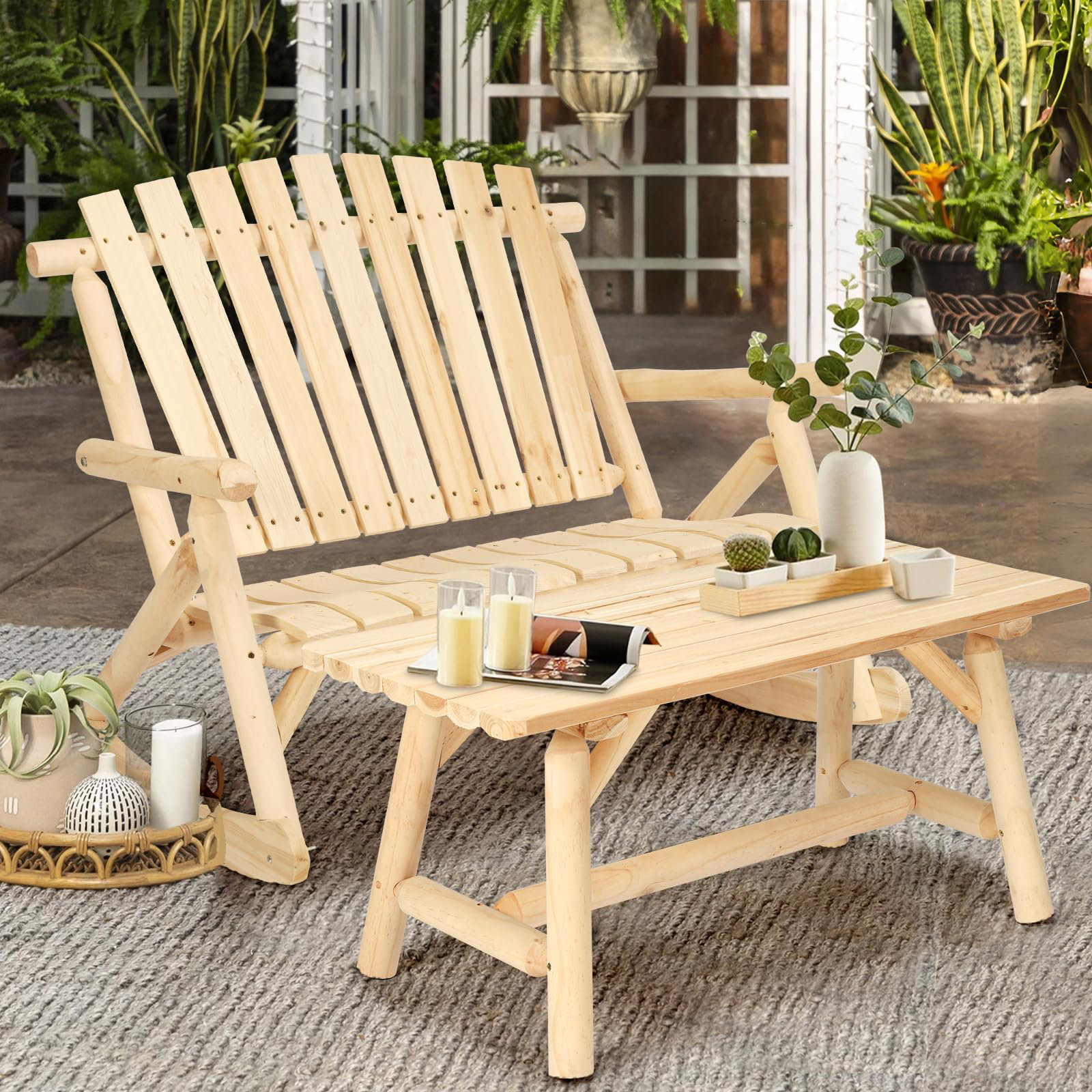 Millwood Pines Outdoor Wood Rocking Bench Set, Patio Bistro Set-2 ...