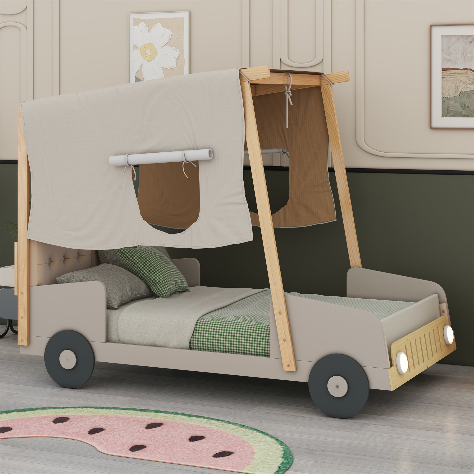 Zoomie Kids Car Bed With Pillow, Ceiling Cloth And LED | Wayfair