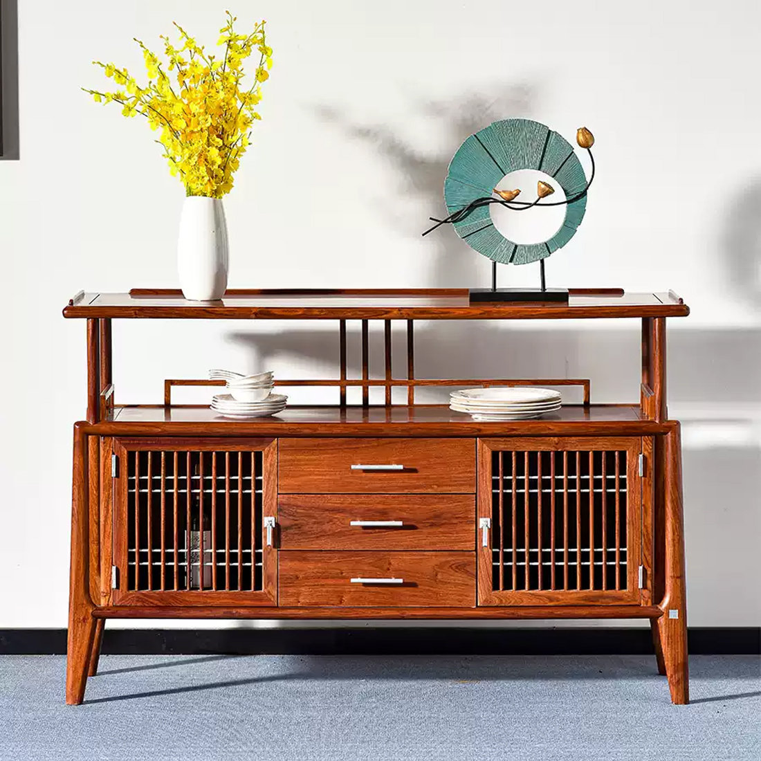Vivid Space Creation Enclosed Three-Drawer Sideboard with Lattice Doors ...
