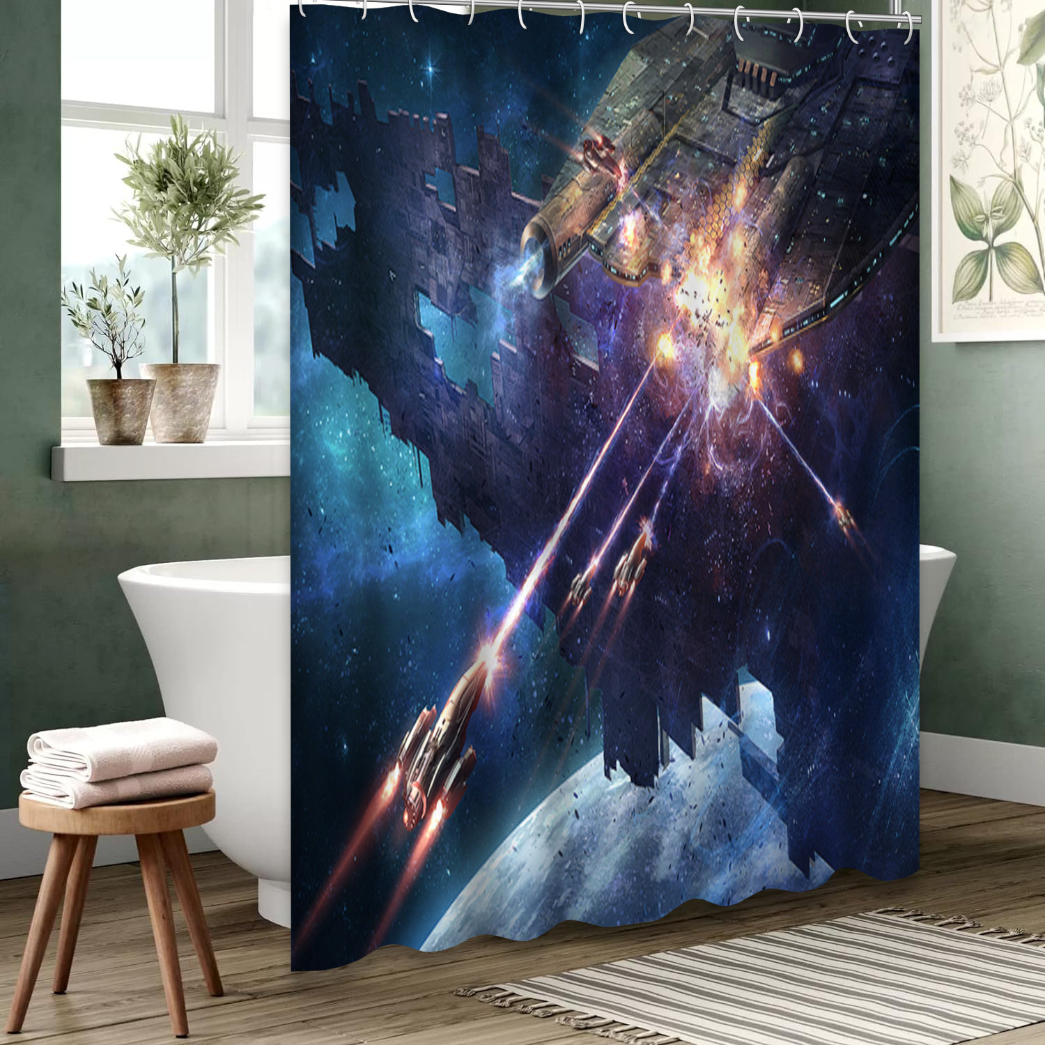 East Urban Home Space Fantasy Waterproof Shower Curtain with 12 Hooks ...