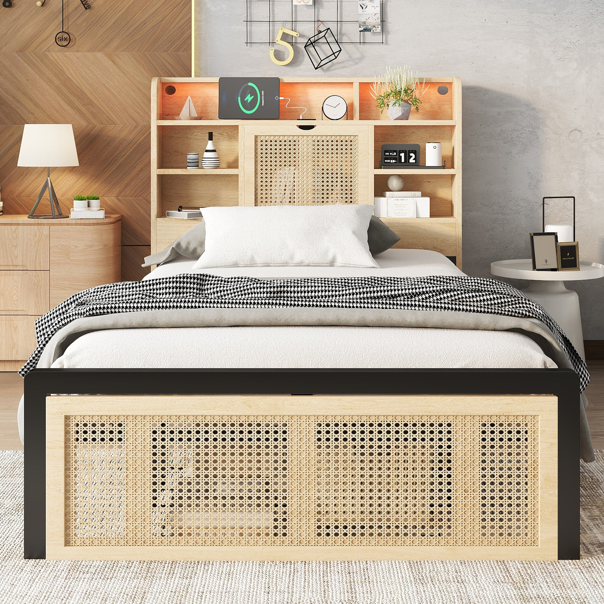 Mikado Living Tyler Wooden Bed with Headboard Storage, LED Strip ...