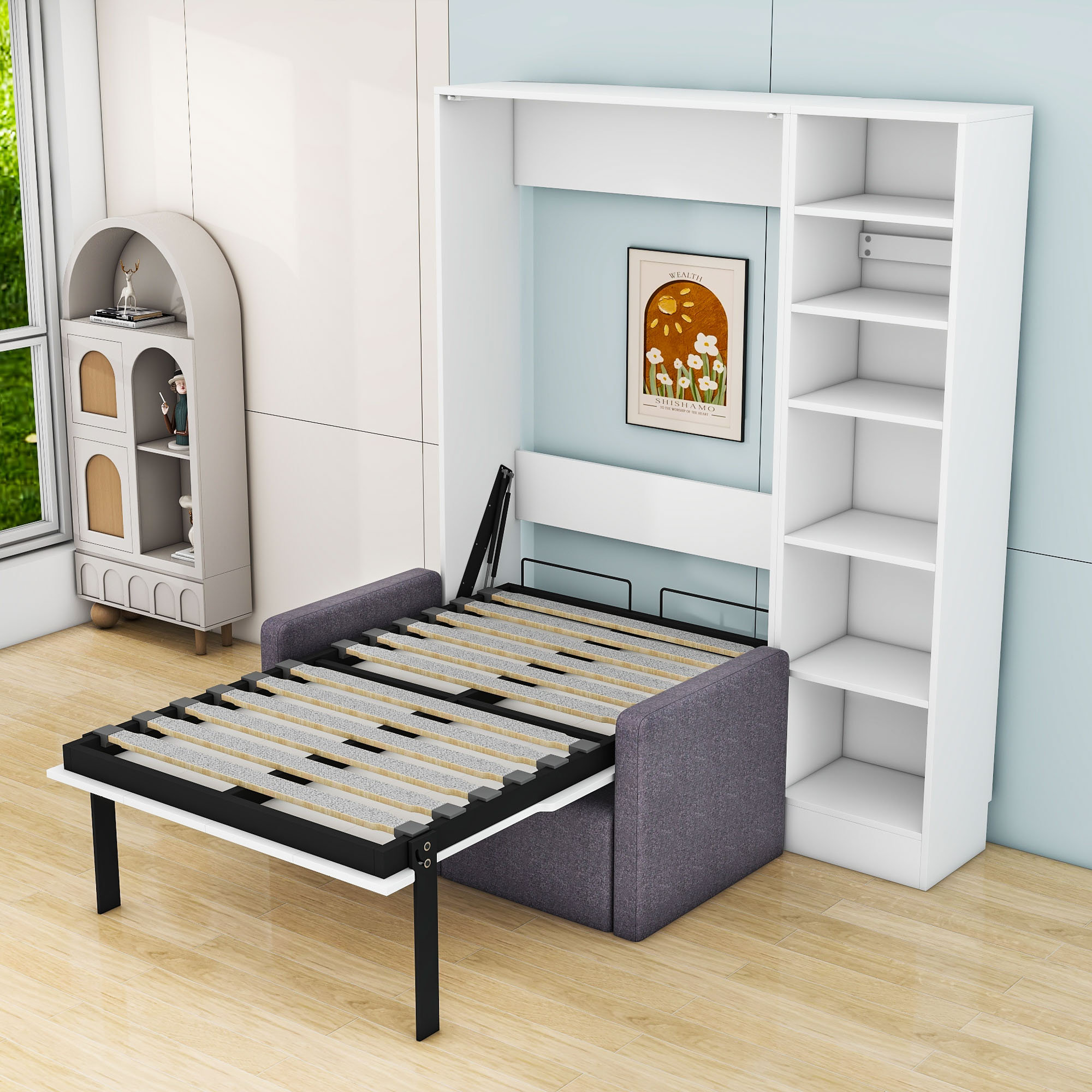Hokku Designs Twin/Full Murphy Bed with Floor-Level Storage Cubbies ...