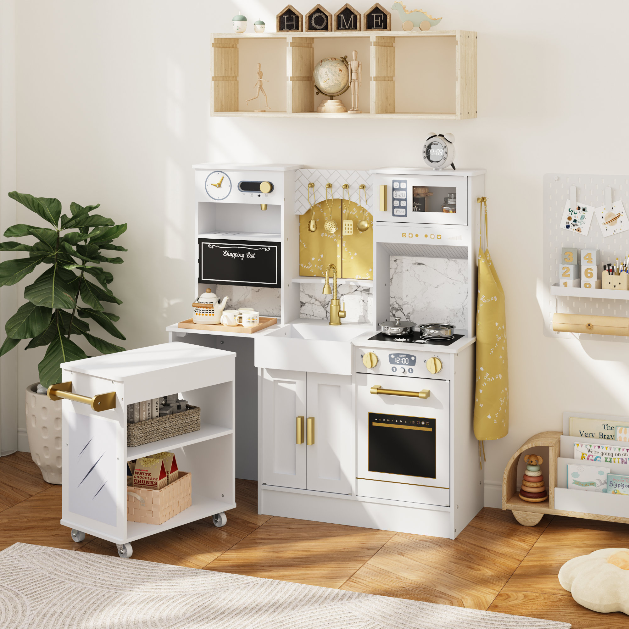 BRINJOY Wooden Kitchen Playset With Removable Cart, Toddler Pretend ...
