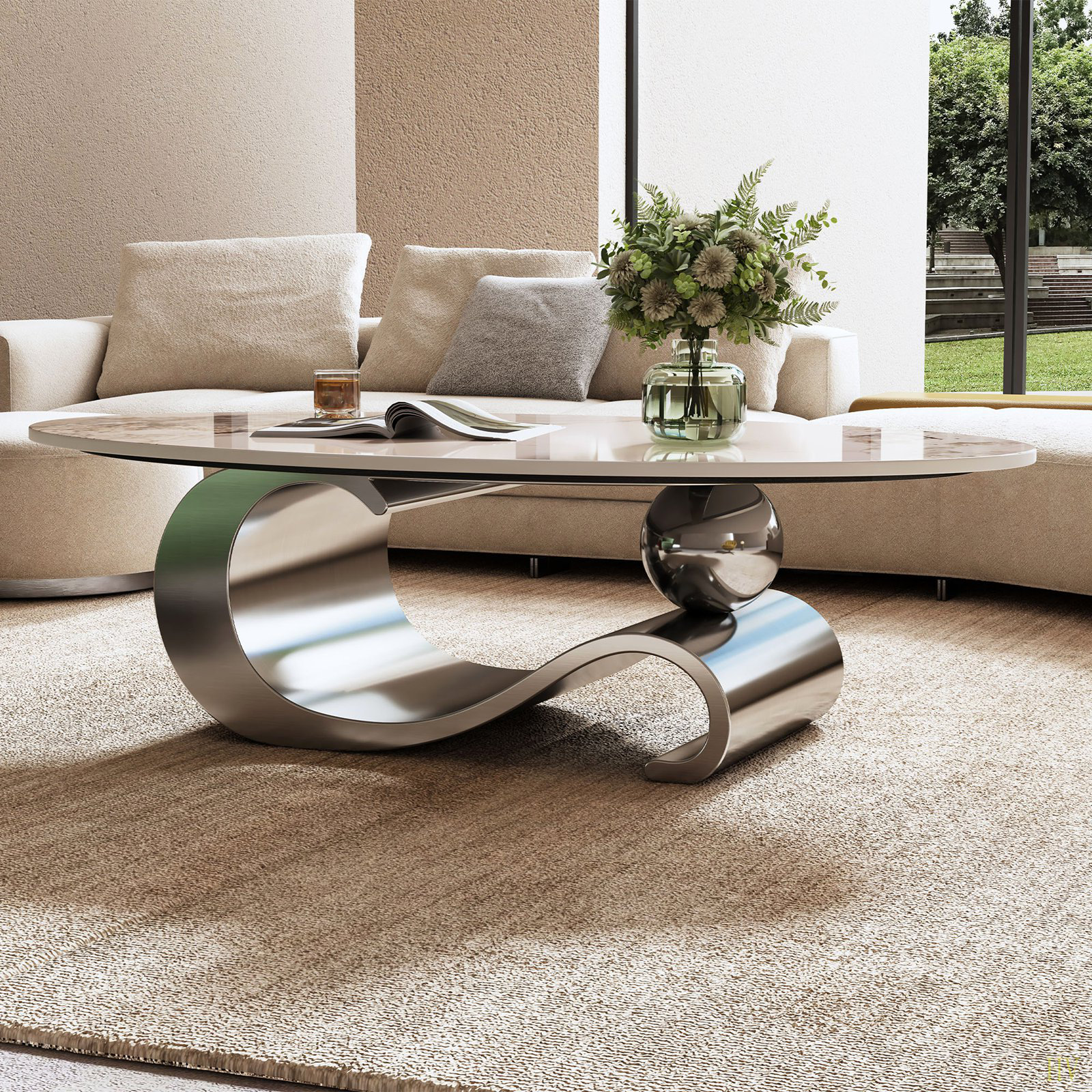 Orren Ellis 49.2" Faux Marble Oval Coffee Table, Contemporary Stainless ...