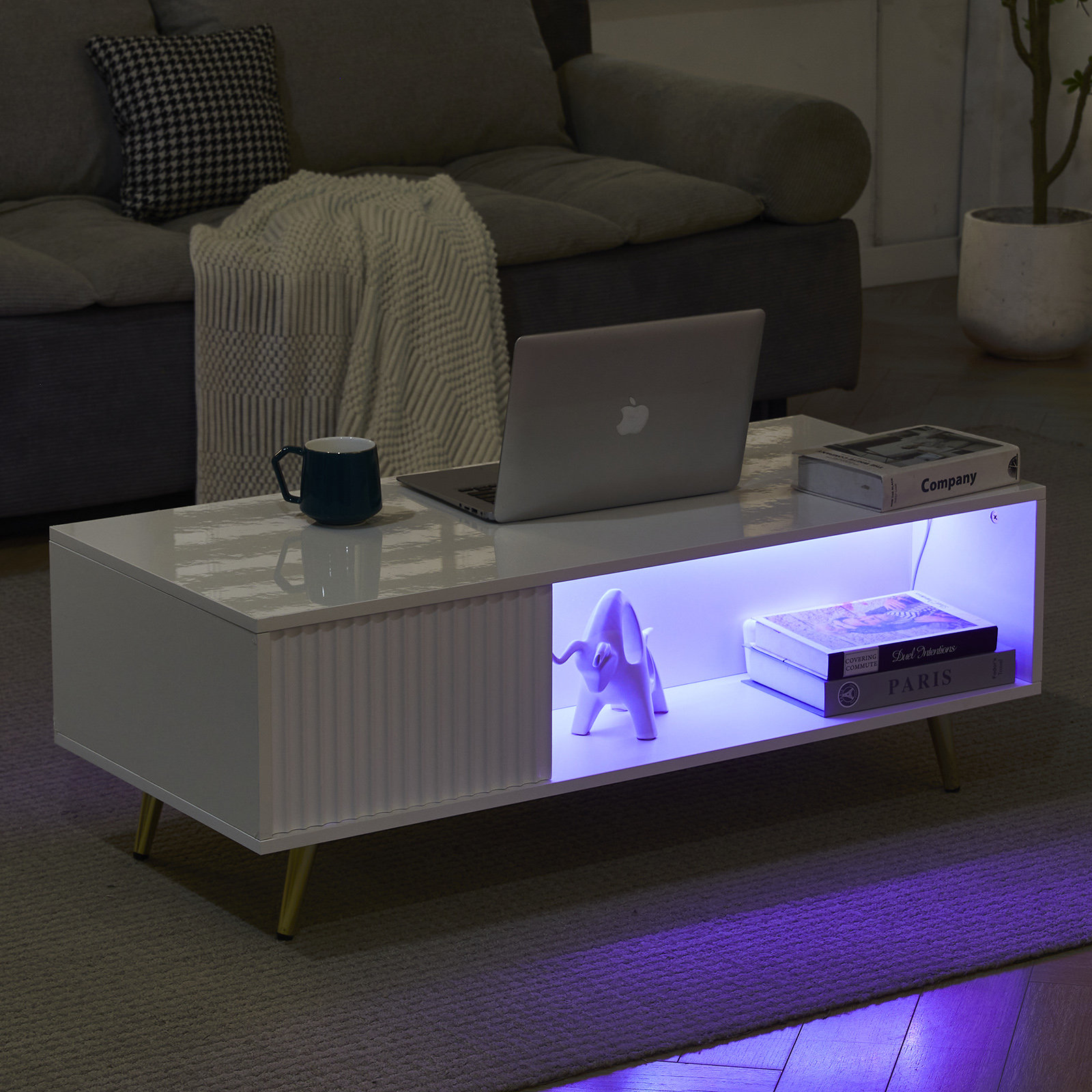 Mercer41 16 Colors Led Rectangle High Gloss Coffee Table With Metal ...