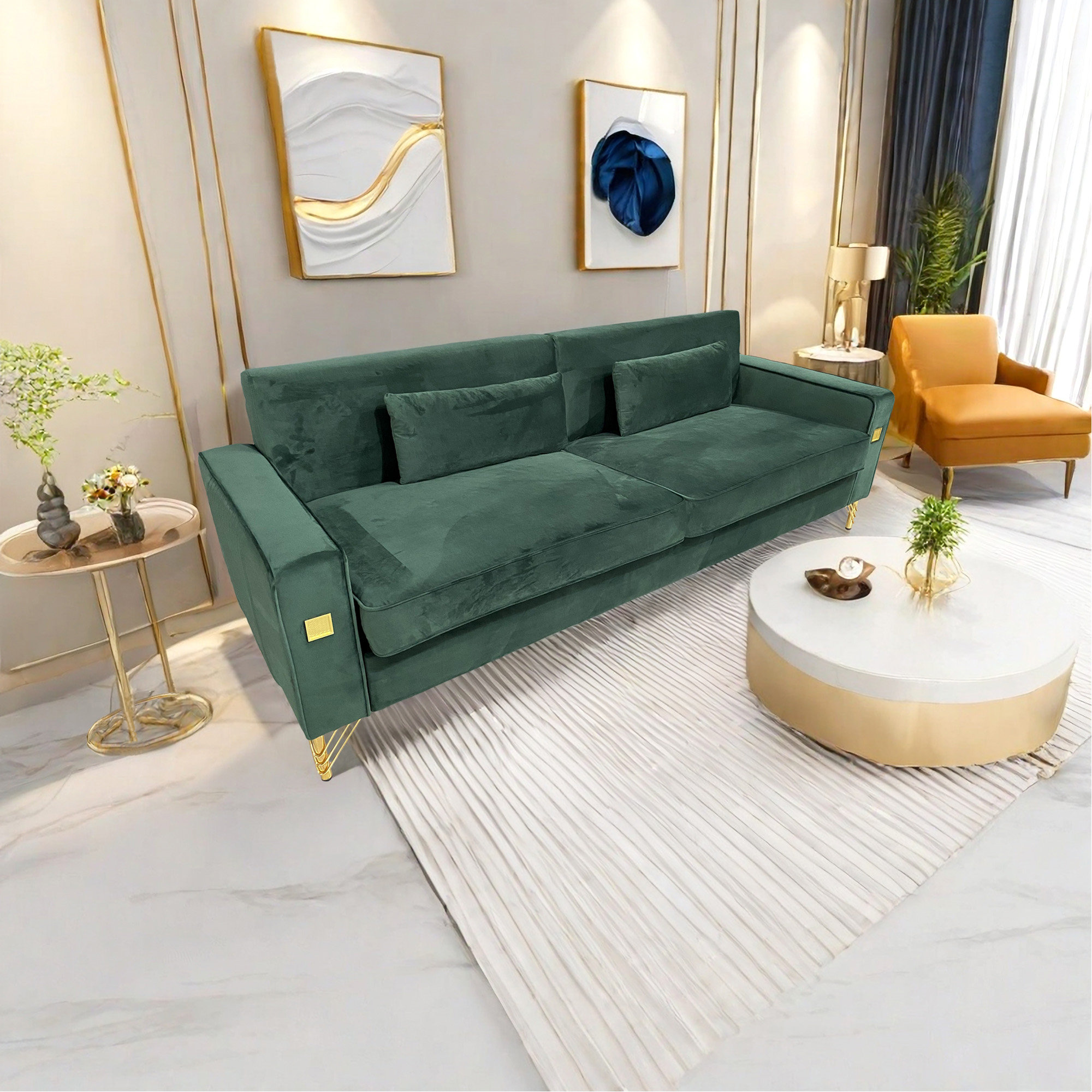 Mercer41 Luxury Emerald Green Velvet Sofa With Gold Accents - Modern 3 ...
