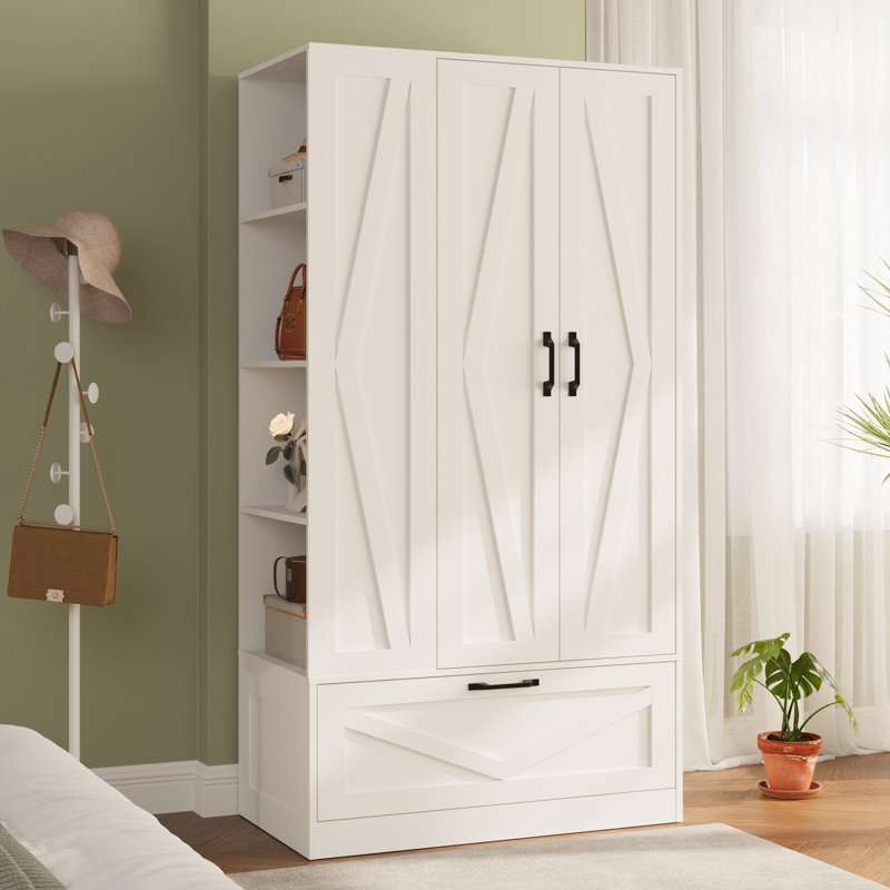 Winston Porter Scottie 2-Door 1 Drawer Wooden Wardrobe With 4 Open ...