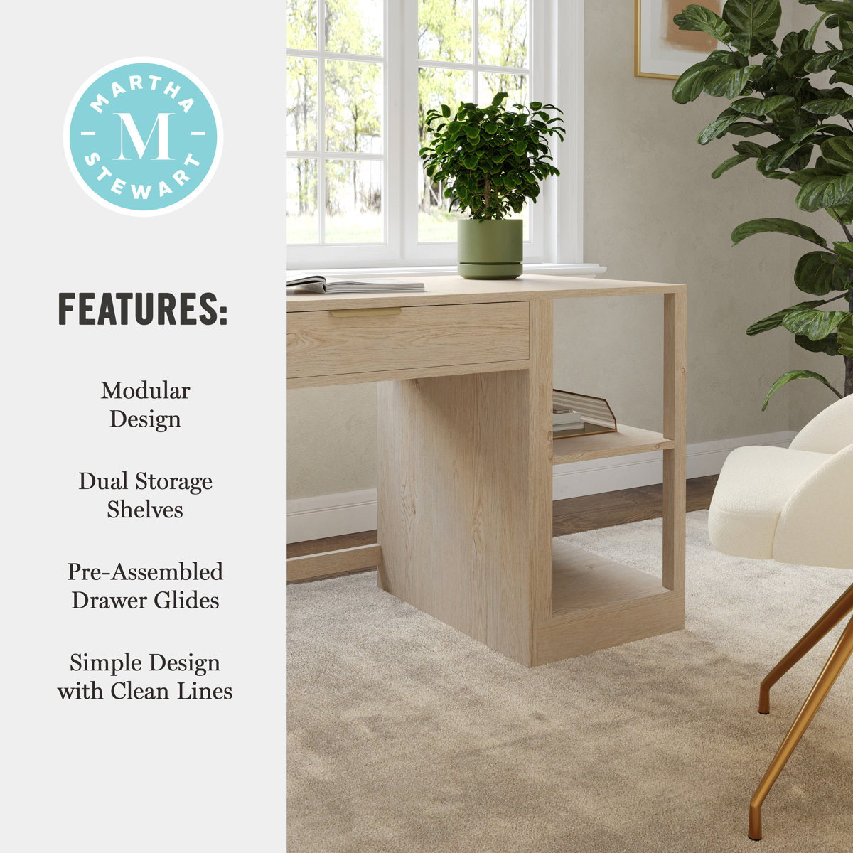 Martha Stewart Kayden Modular Single-Drawer Desk And 2 Tier Shelf | Wayfair