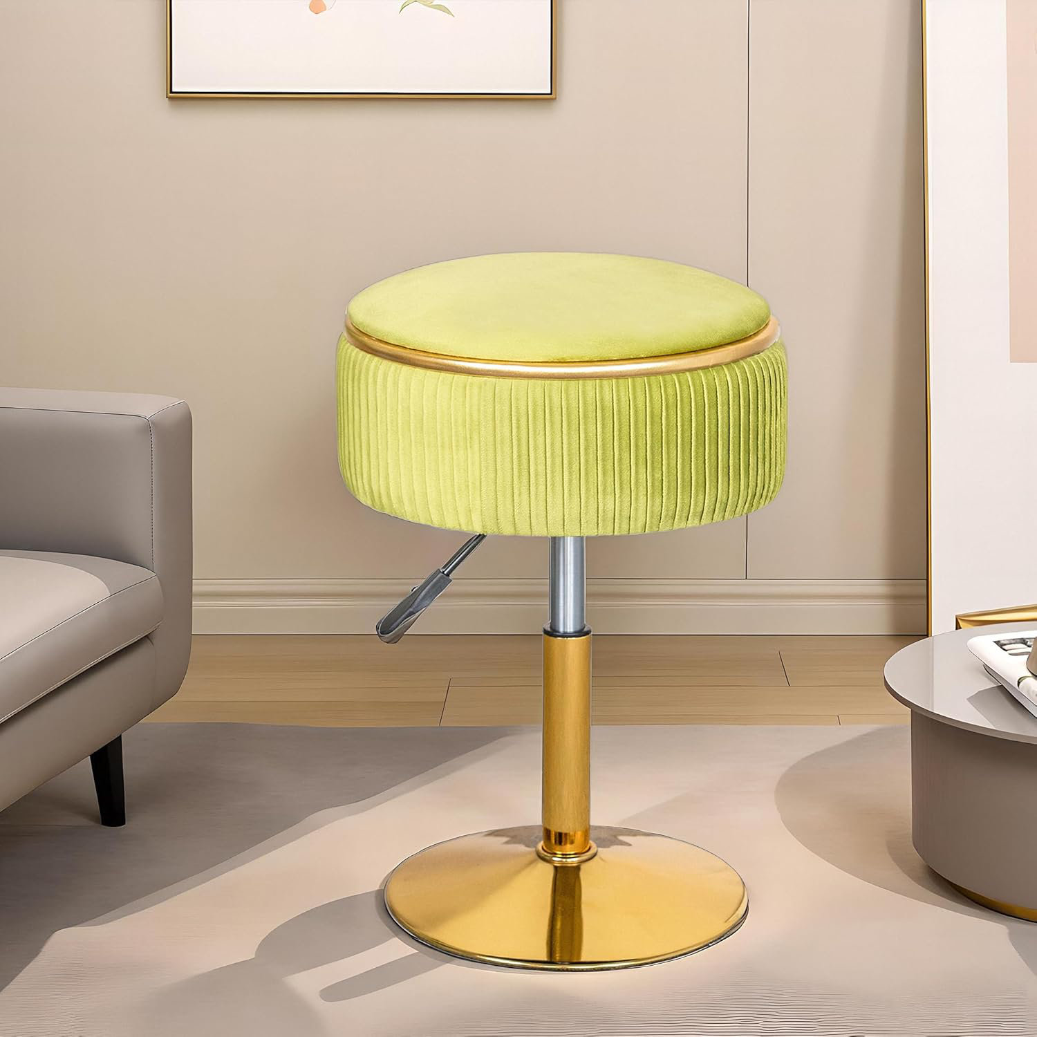 Mercer41 Round Storage Ottoman Height Adjustable Gold Vanity Chair, 360 ...