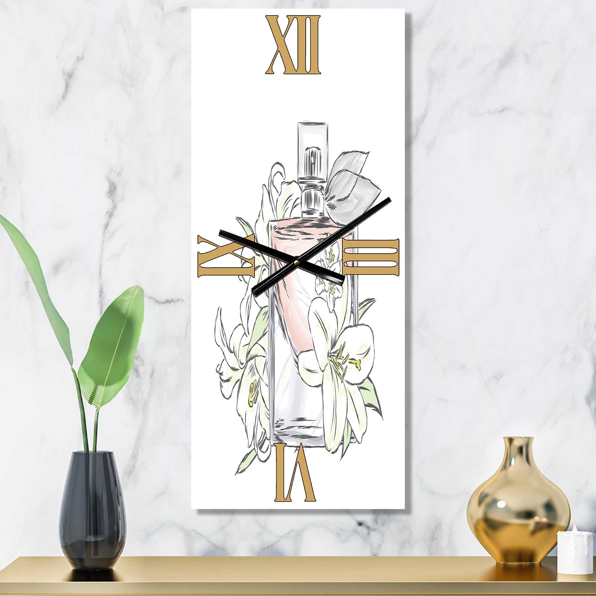 East Urban Home Perfume Bottle and Bouquet of Flowers II Wall Clock ...