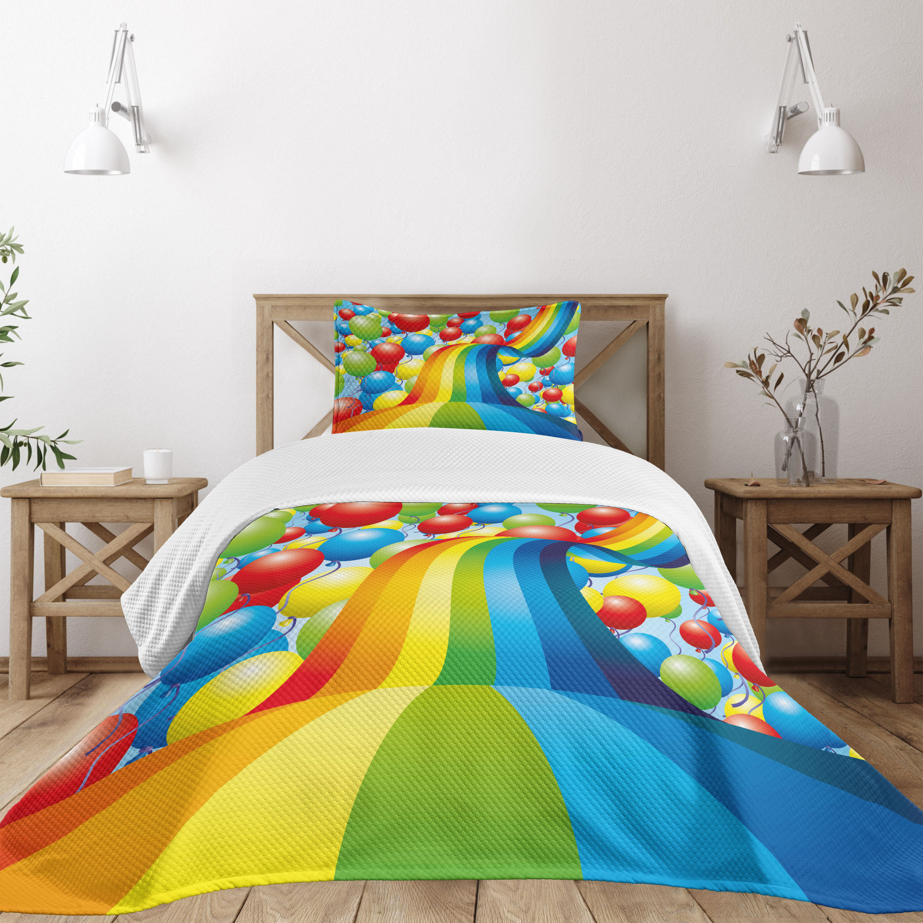 Ambesonne Rainbow Bedspread Set 2 Pcs Balloons Ribbons Wavy Twin ...
