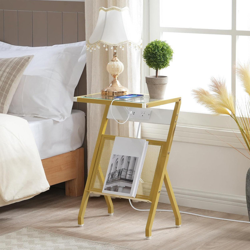 Ebern Designs Gold Z-Shaped End Table with Charging Station,with ...