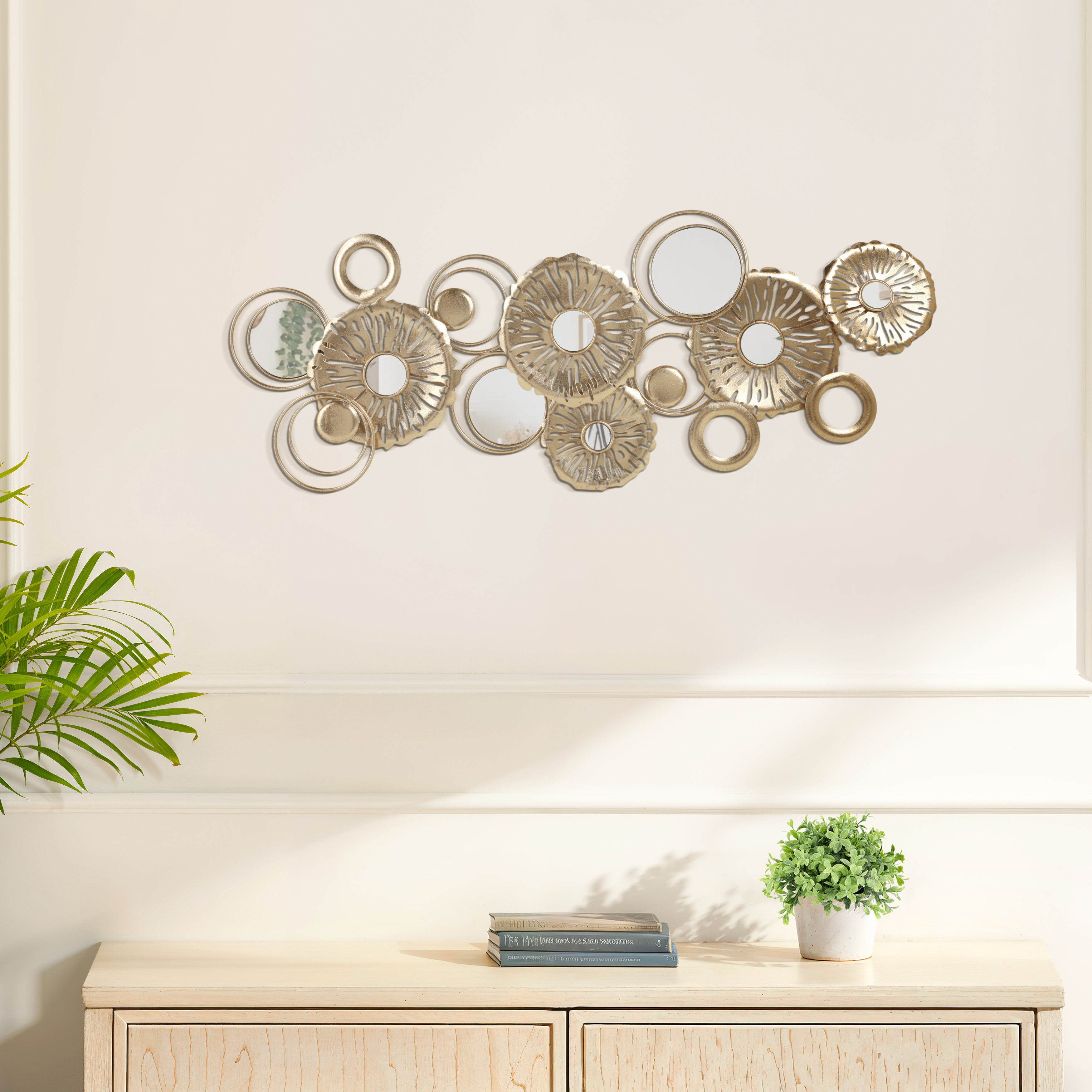 House of Hampton® Gold Pierced Discs With Mirrors Metal Wall Art, Iron ...