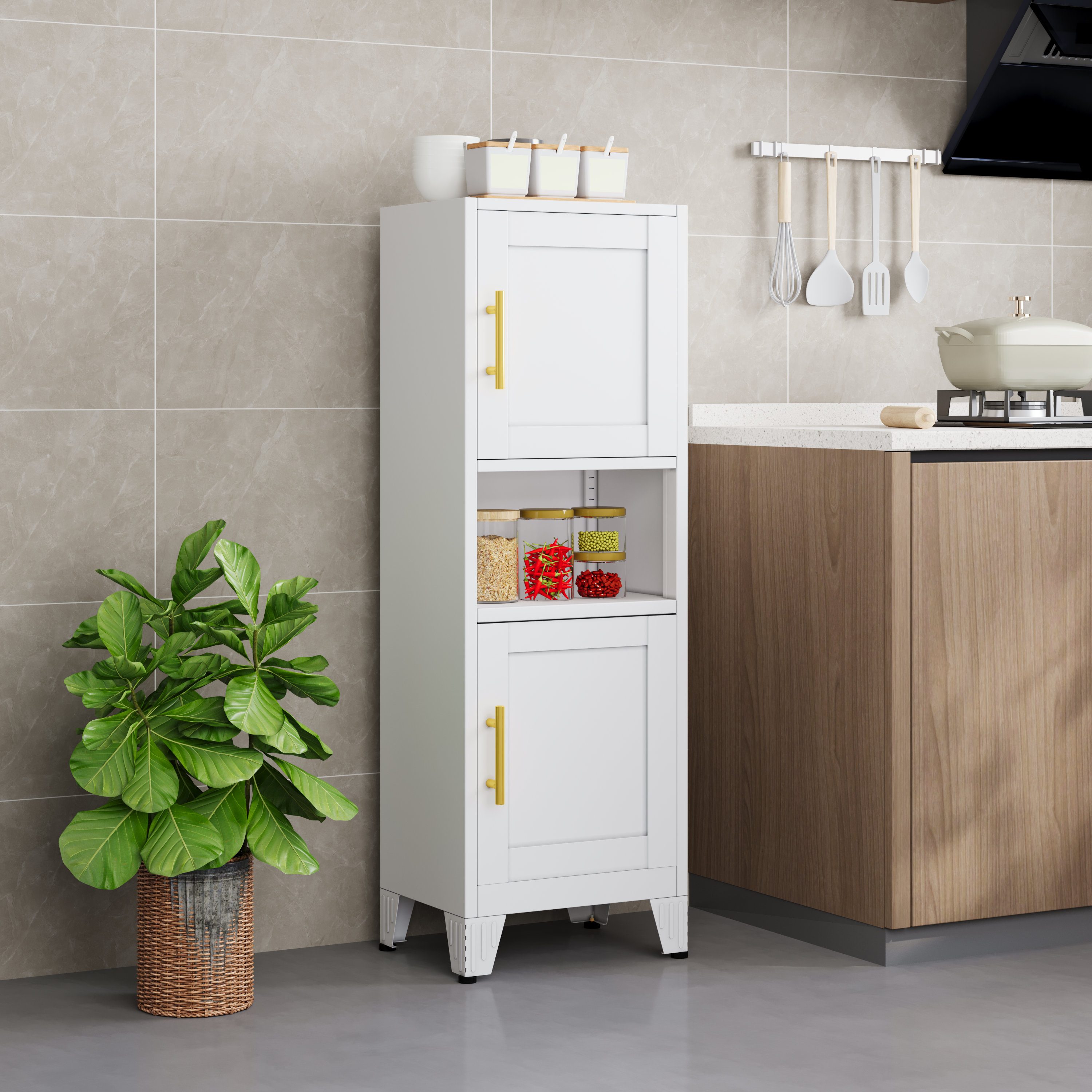 Winston Porter Metal Narrow Kitchen Pantry Storage Cabinet with ...