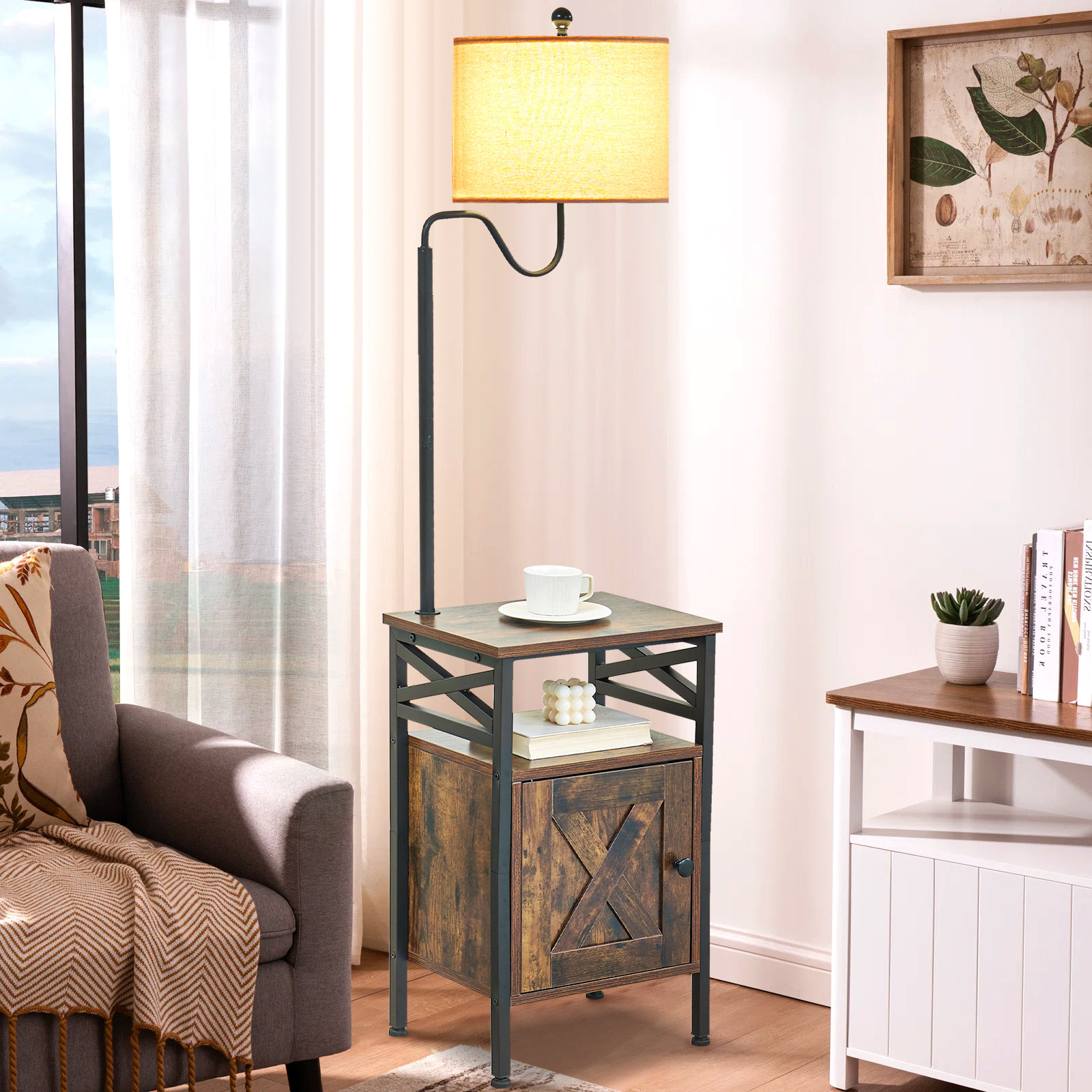 17 Stories Garlond Brown Wood End Table Floor Lamp Set With Cabinet & Charging Board | Wayfair