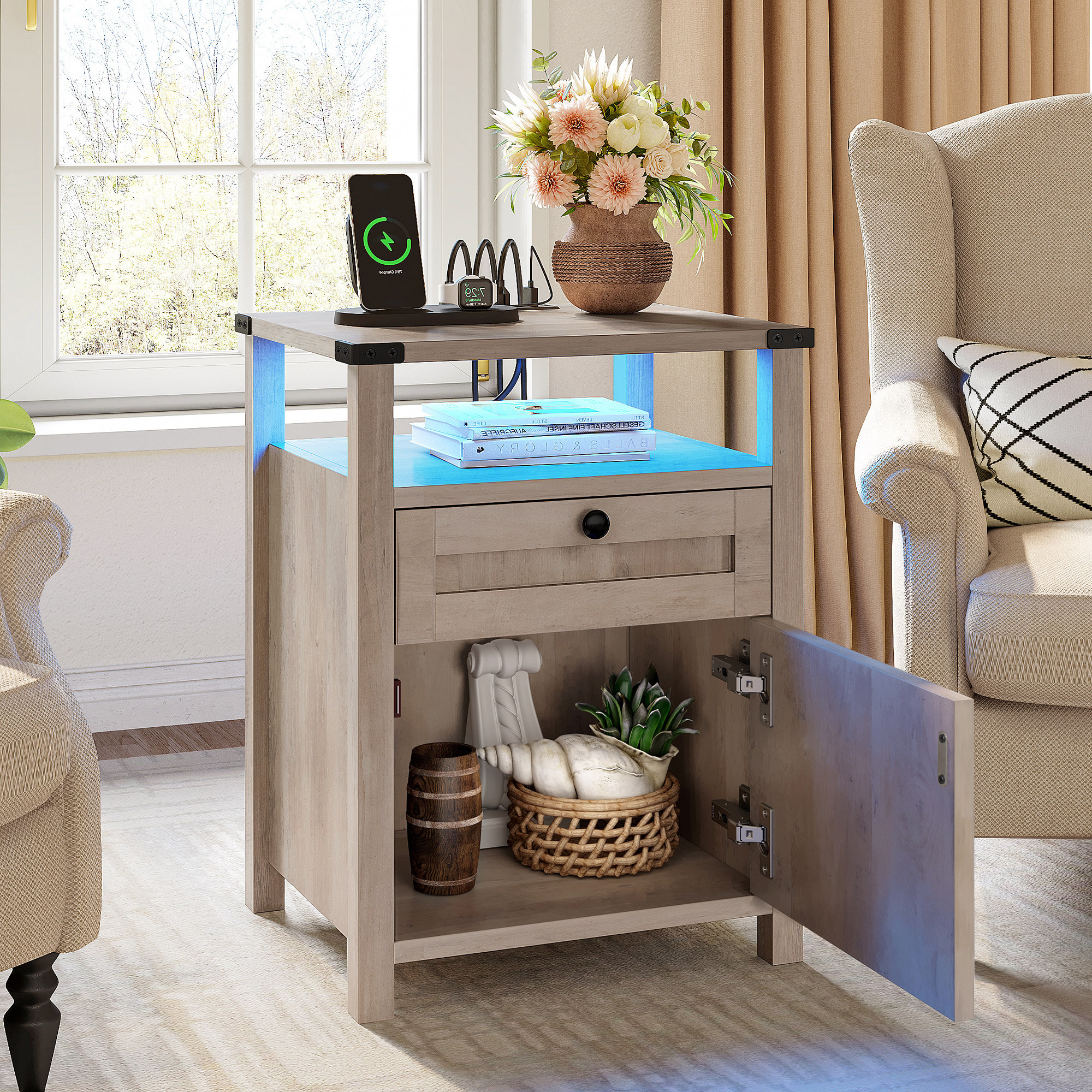 Laurel Foundry Modern Farmhouse Tova Farmhouse Nightstand with LED Lights Power outlets Reviews Wayfair