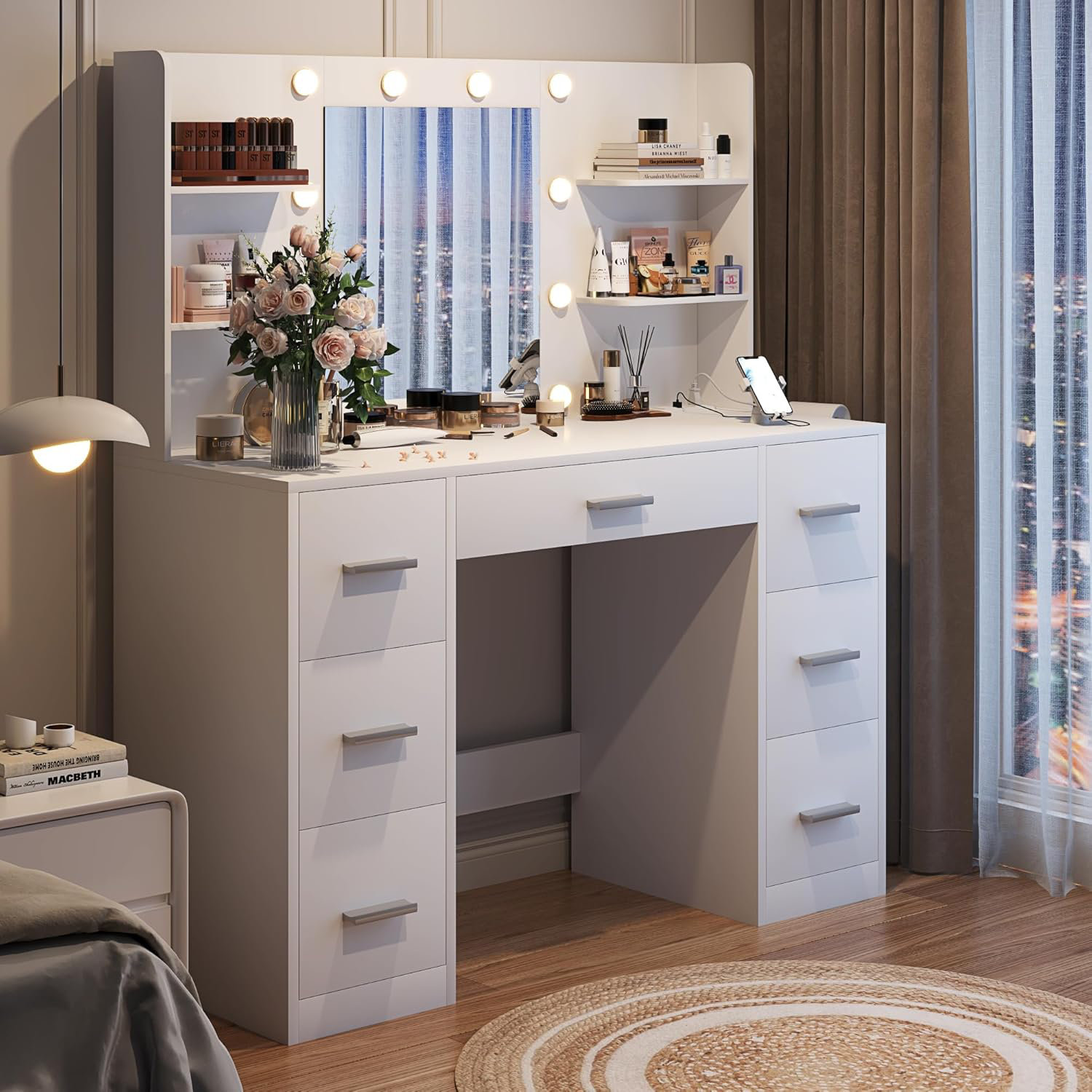 Ebern Designs Vanity Desk with Mirror, Power Outlet and 10 Lights ...