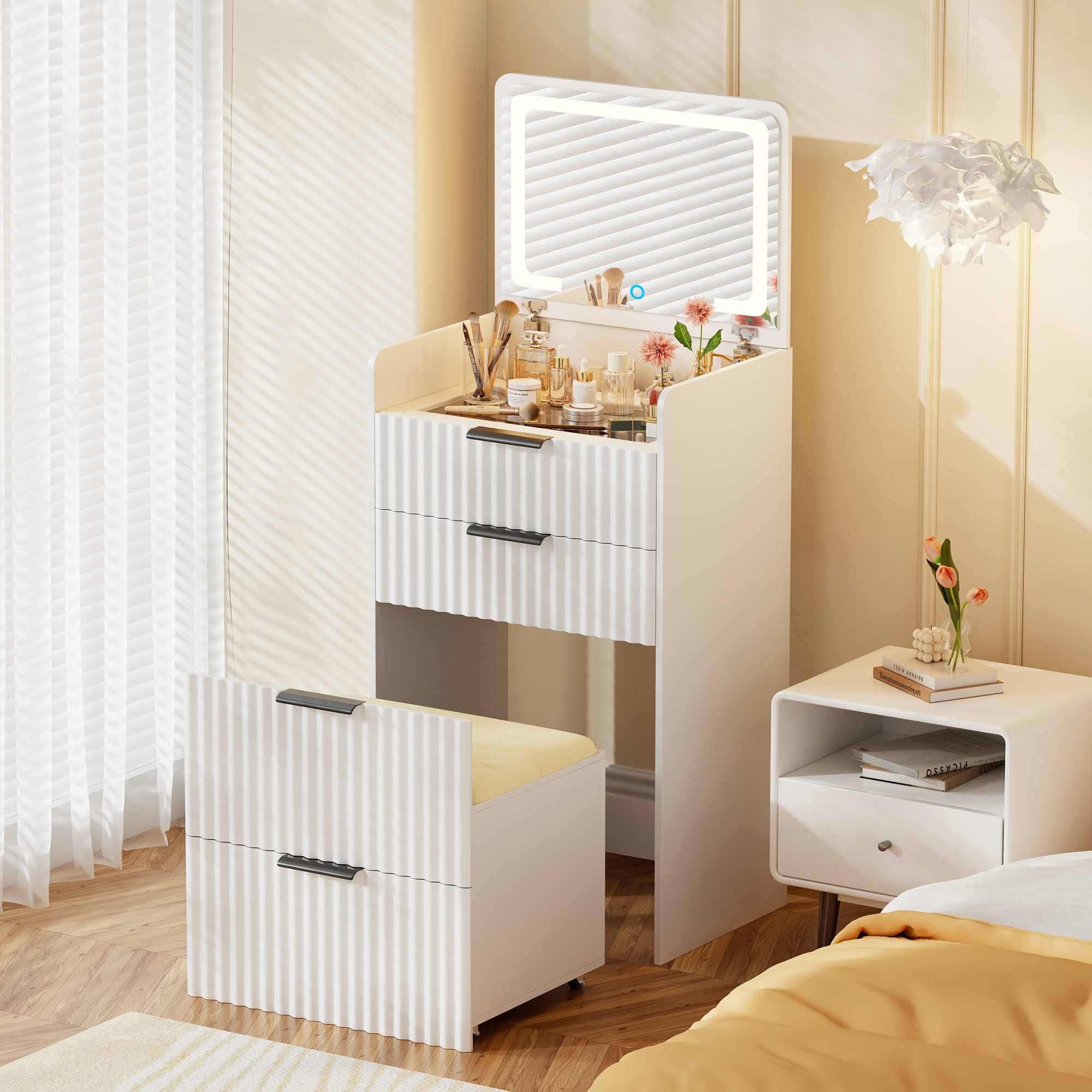 Wrought Studio™ Compact Vanity Desk With Flip-up Led Mirror, Glass ...