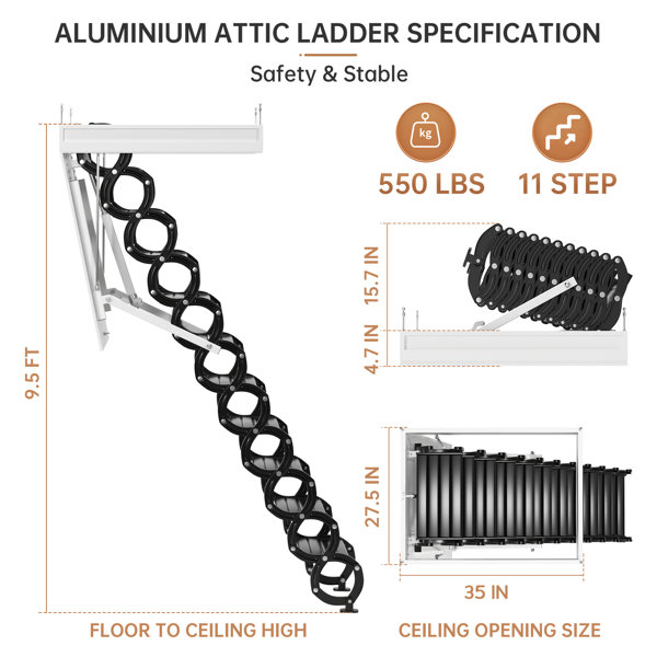 Topteng 9.5 Ft 11 - Step Aluminum Folding Attic Step Ladder | Wayfair