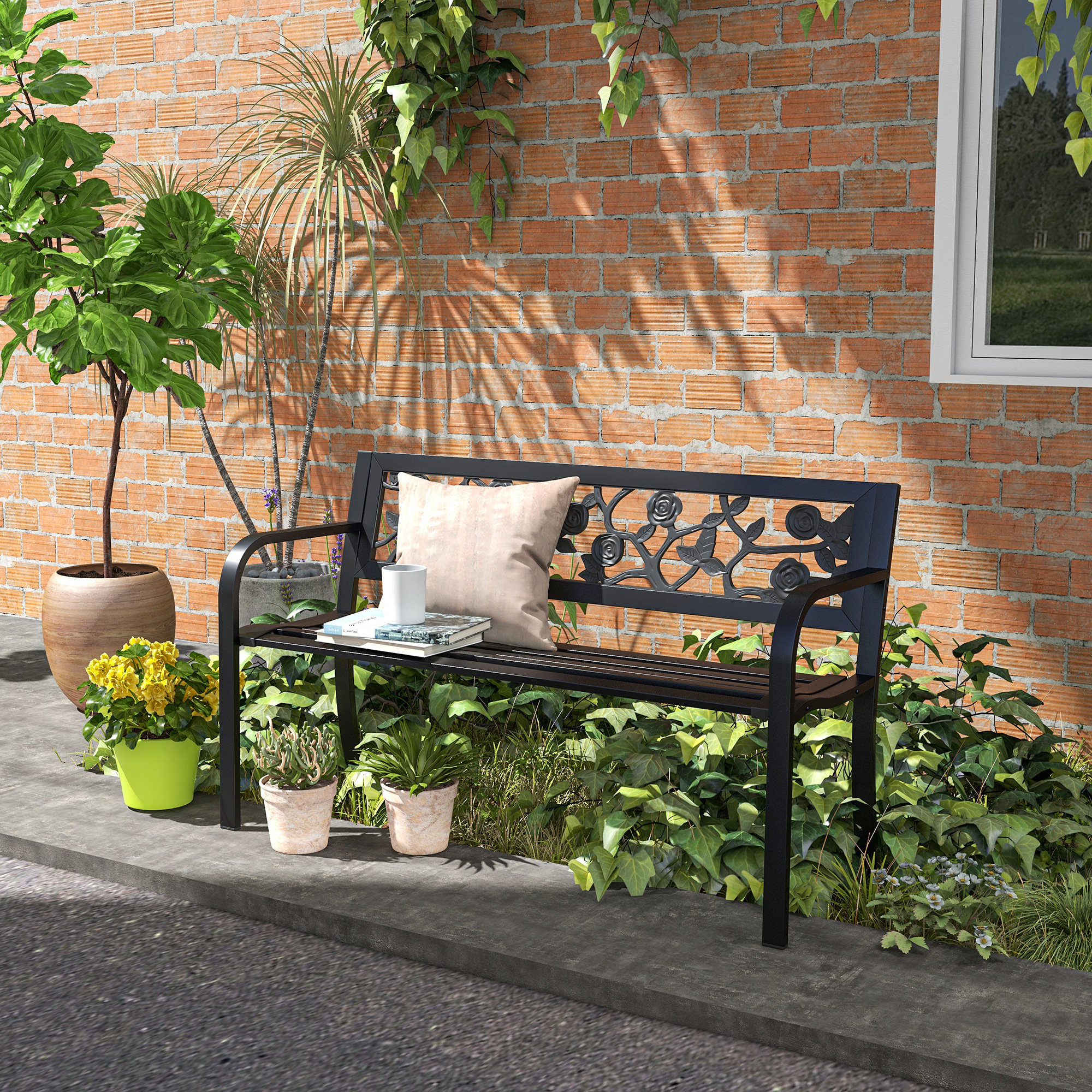 Winston Porter Outdoor Bench with Floral Pattern Backrest, Patio ...