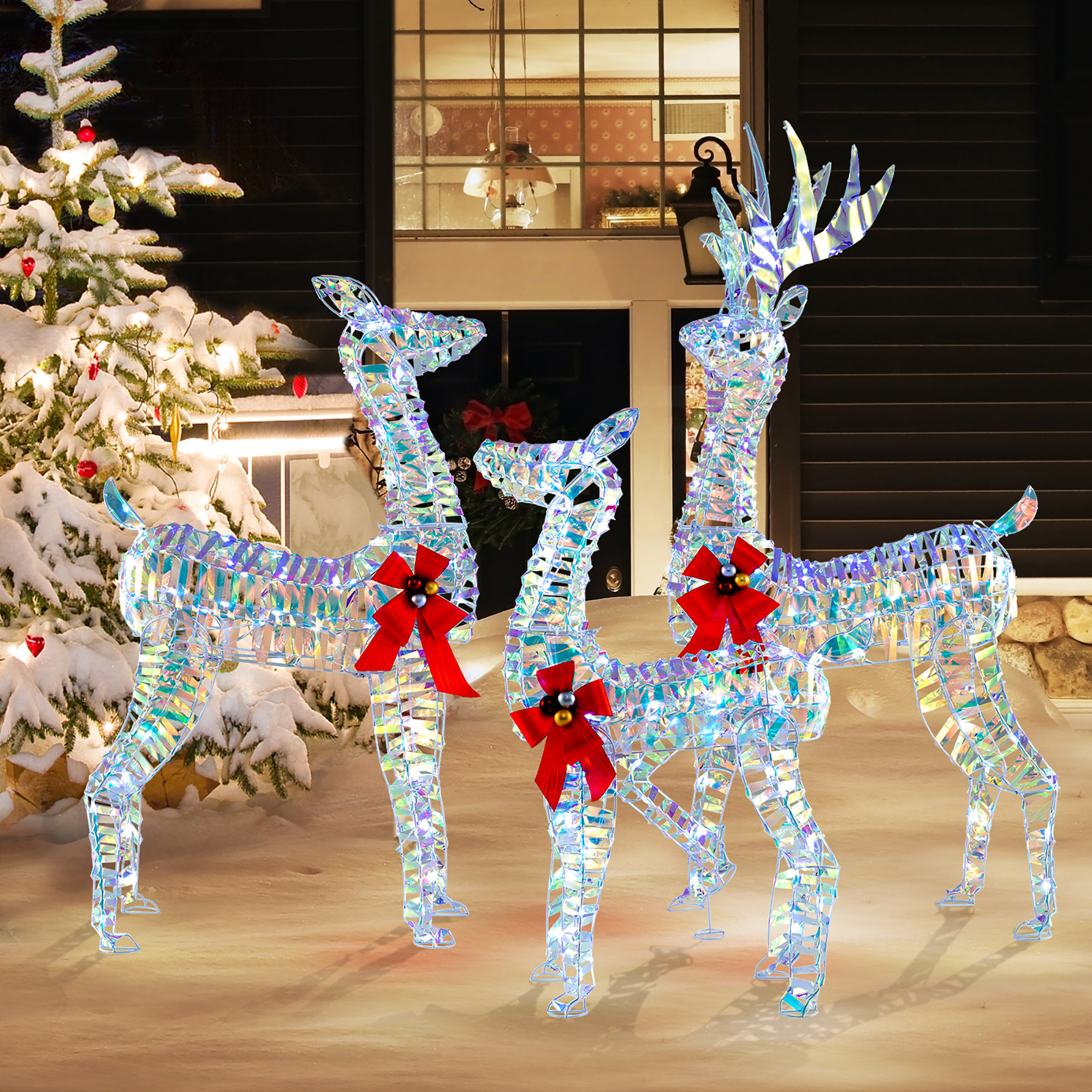 Latitude Run® 3-piece Iridescent Reindeer Family Set Christmas Pre-lit ...