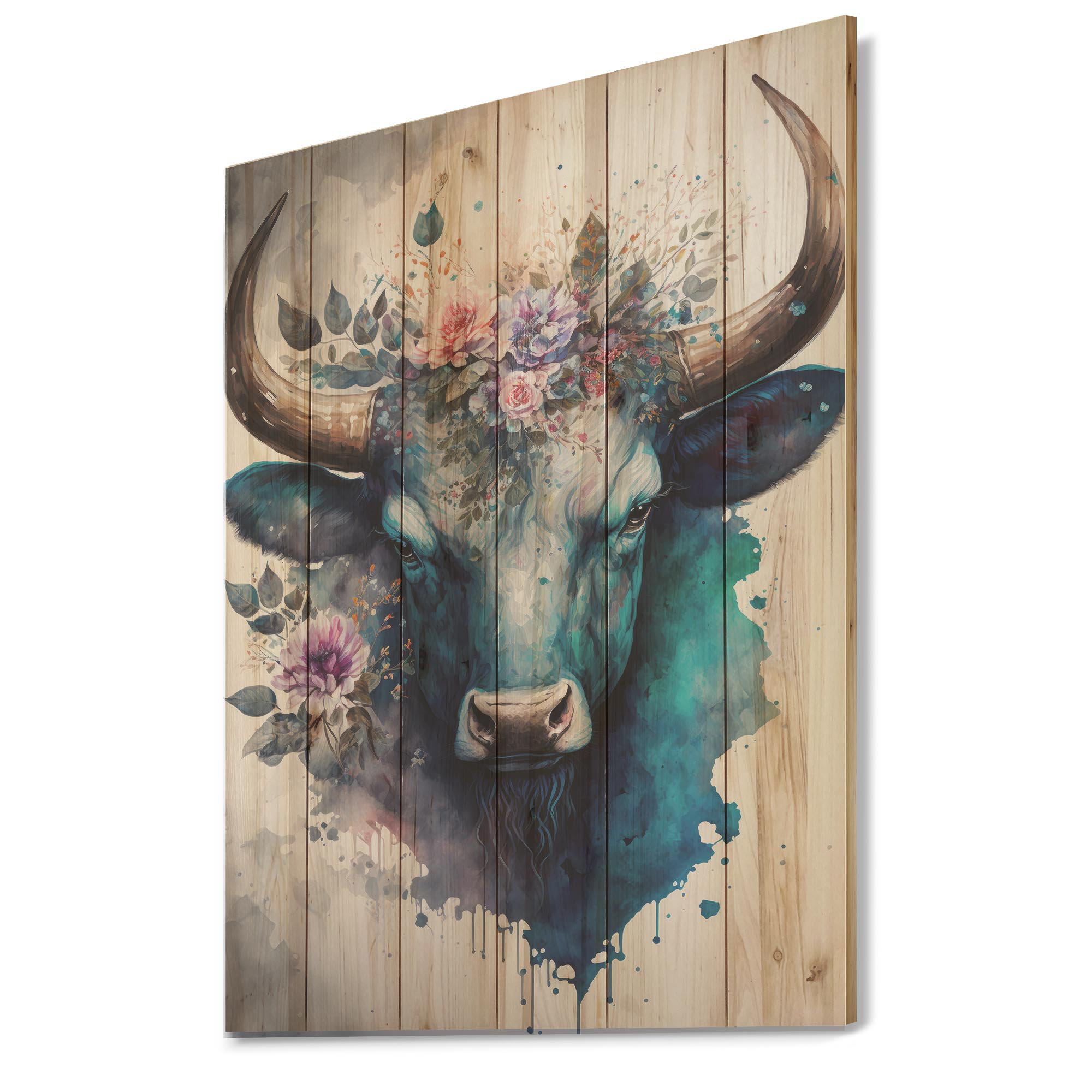 Dakota Fields Cute Taurus Floral Art I - Animals Wood Wall Art ...