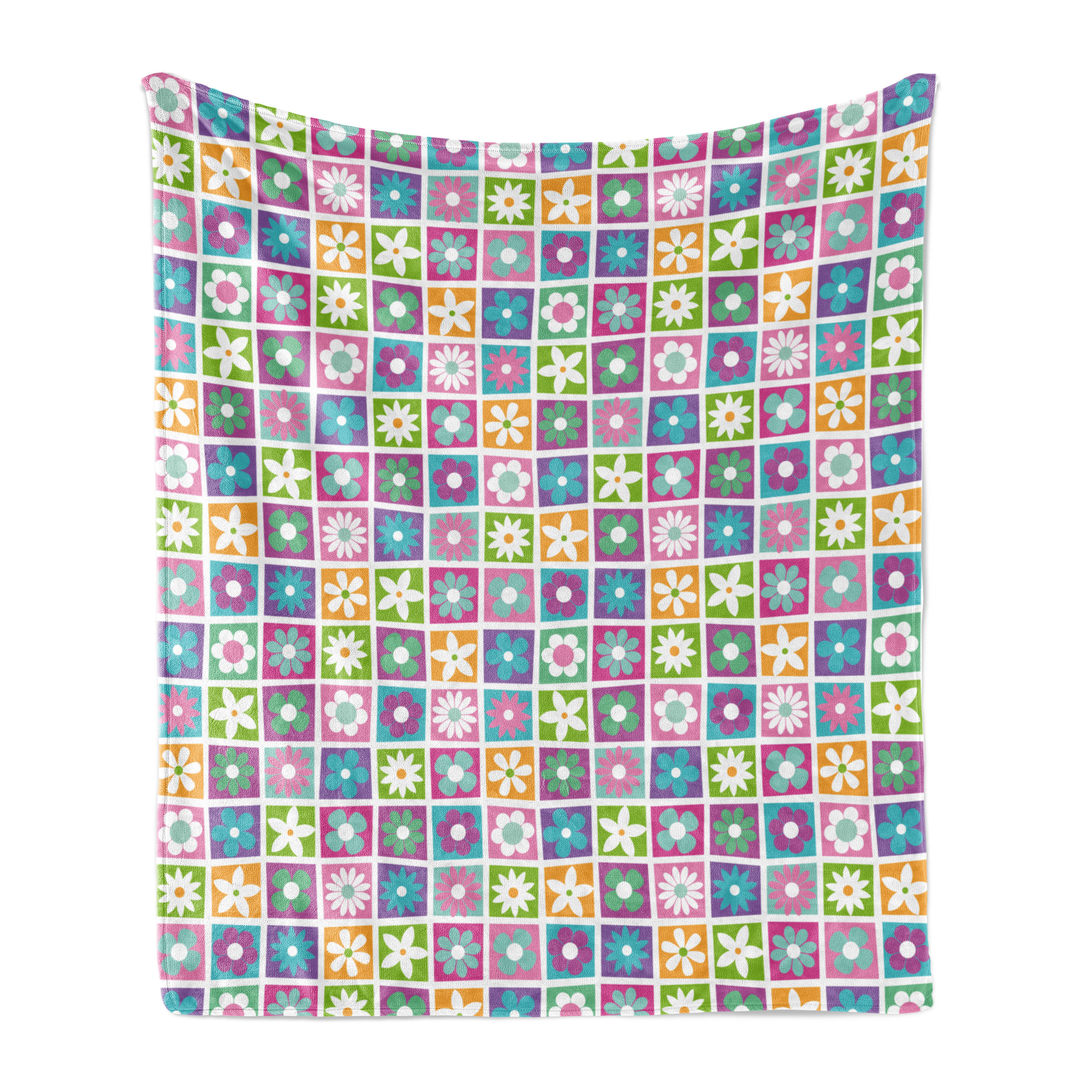 Ambesonne Floral Fleece Throw Blanket Flowers in Squares Motif ...