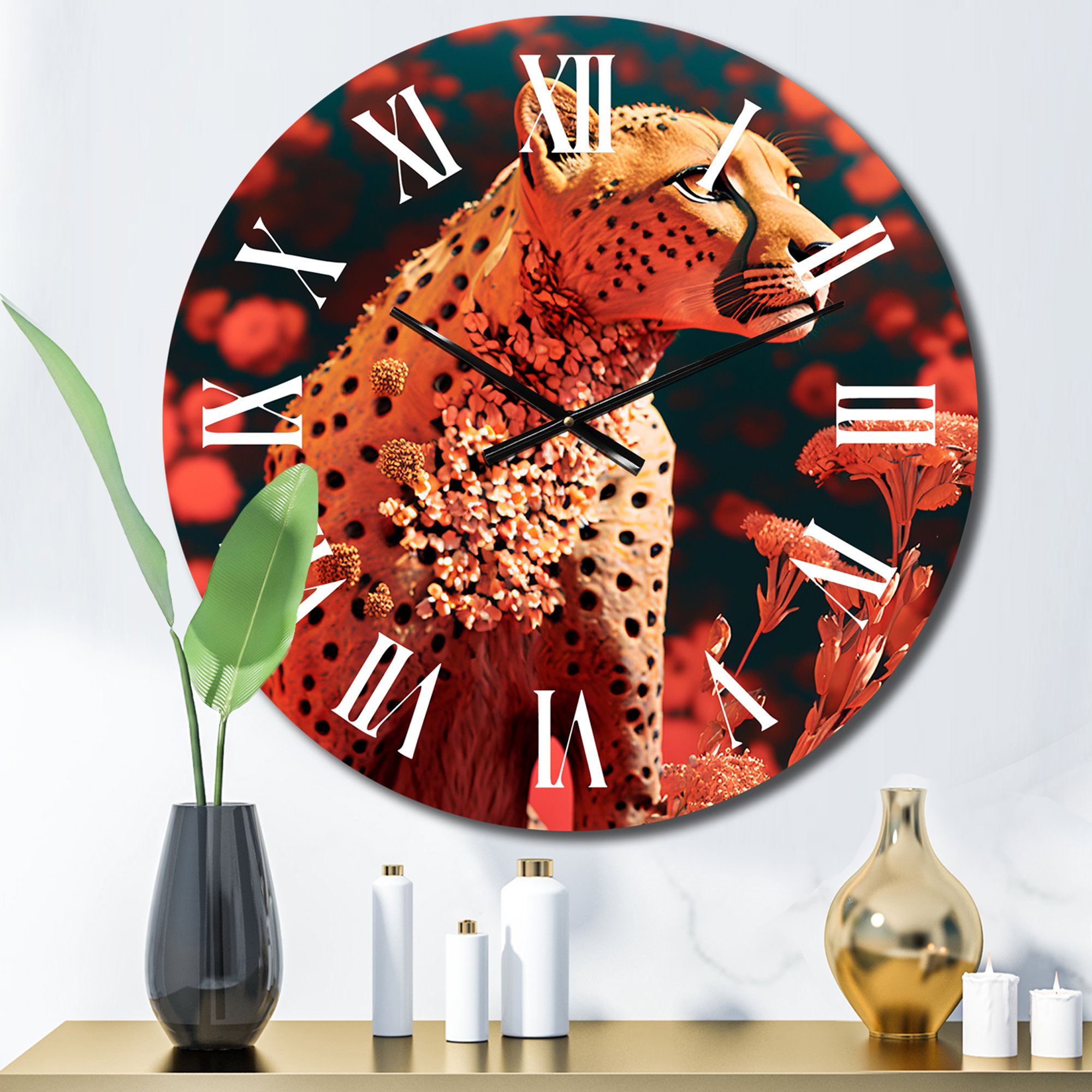 Design Art Pink Floral Cheetah - Animals Cheetah Wall Clock | Wayfair