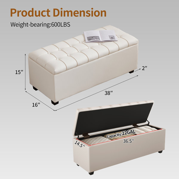 Ebern Designs Large 38 Inches long white Ottoman Bench with Storage ...