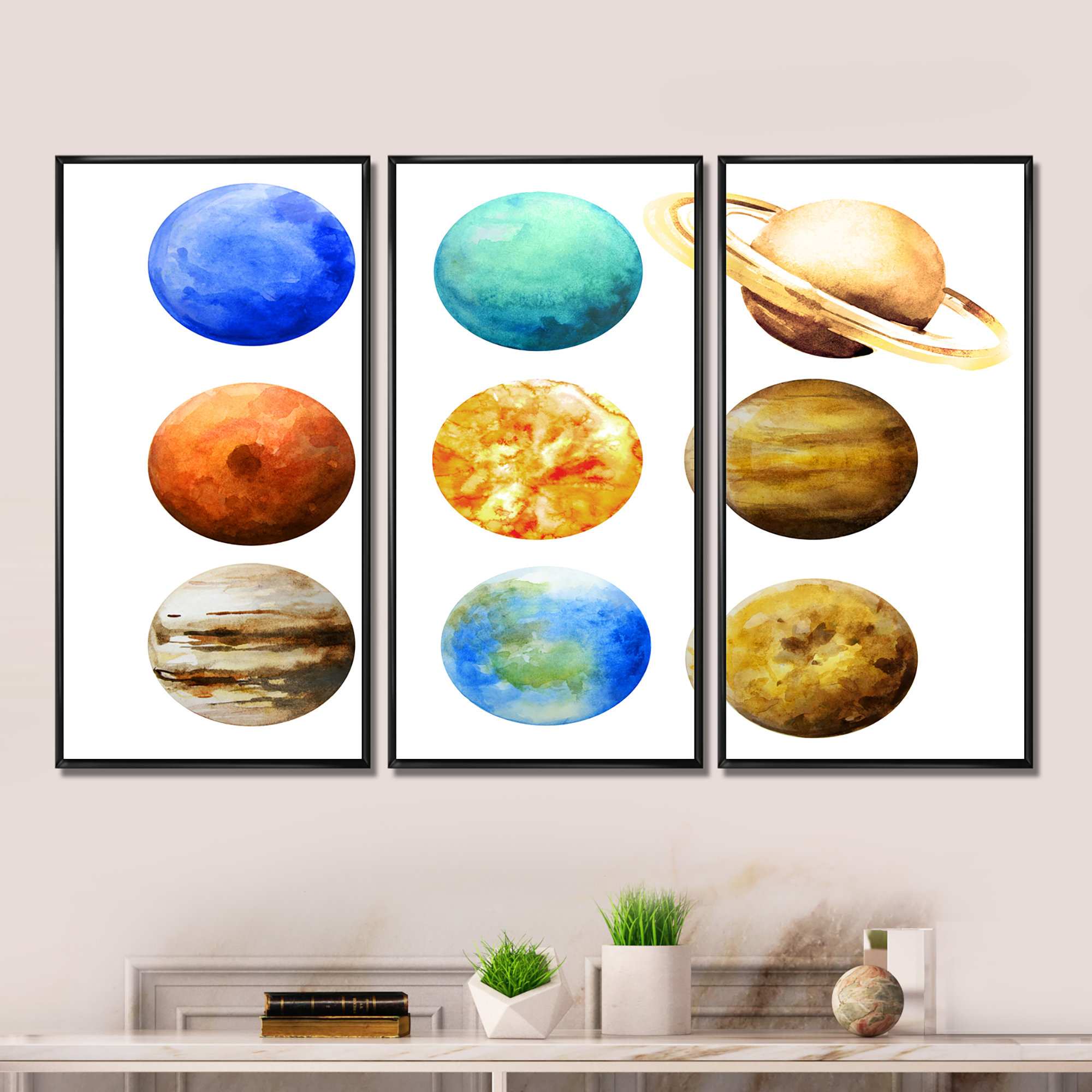 Design Art Various Planets In Orbit - Modern Framed Canvas Wall Art Set ...