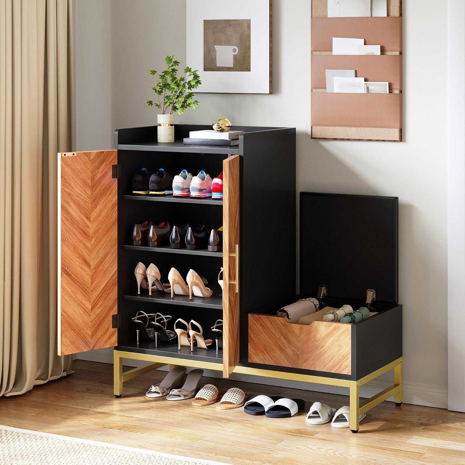 Everly Quinn Range-chaussures à 4 niveaux avec banc de rangement, range ...