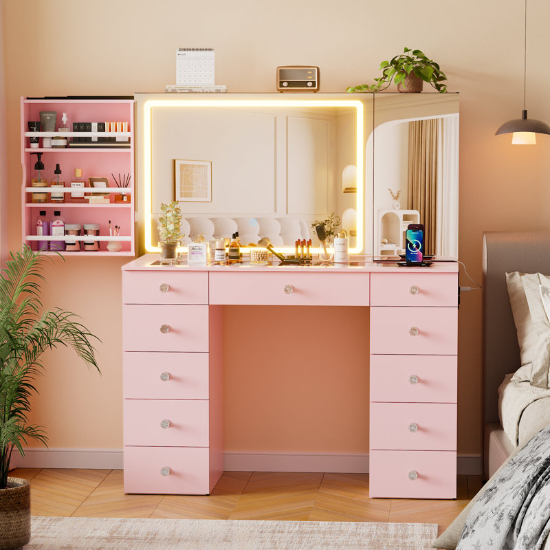 Ivy Bronx 46" Makeup Vanity With Large Led Mirror, Glass Tabletop ...