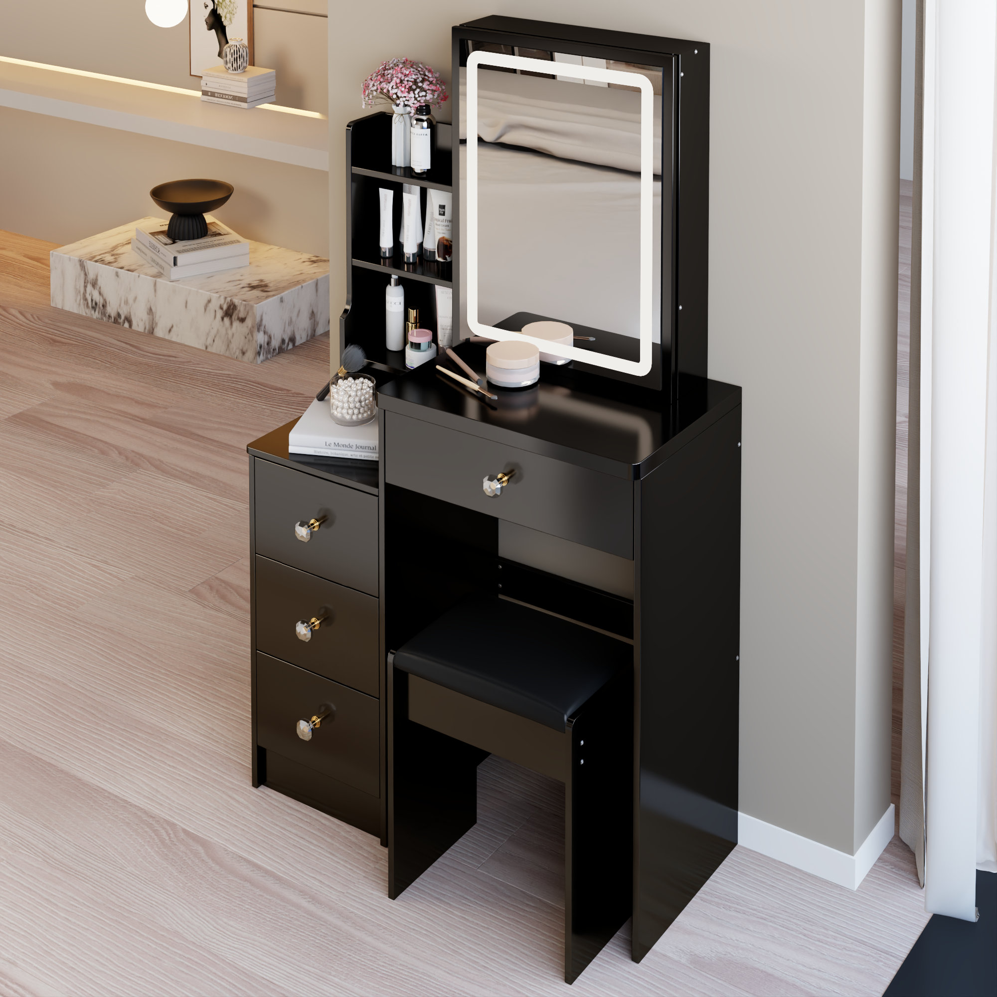 Wrought Studio™ Quest Makeup Vanity with Adjustable LED Mirror, Stool & Large Storage | Wayfair