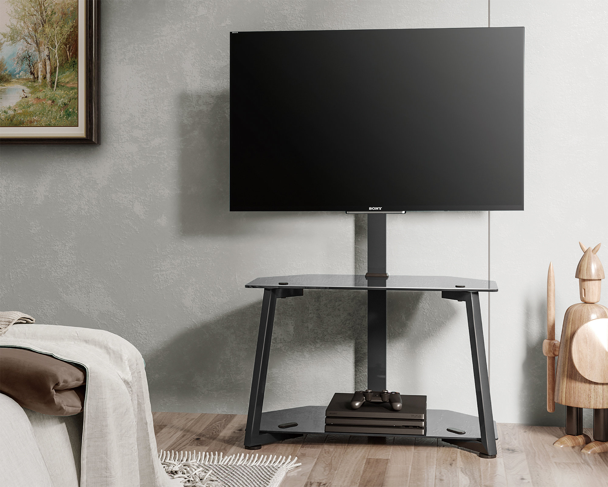 Fitueyes Black Swivel Floor Stand Mount LED with Shelving, Holds up to ...