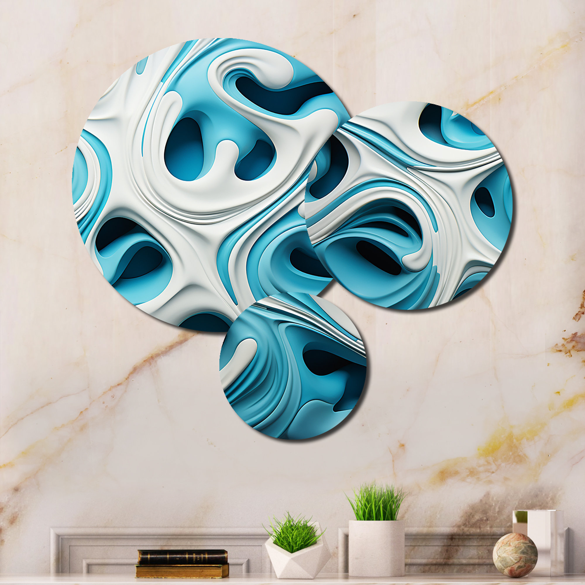 Ivy Bronx Op Art Blue And White Focus - Abstract Metal Wall Decor Set ...